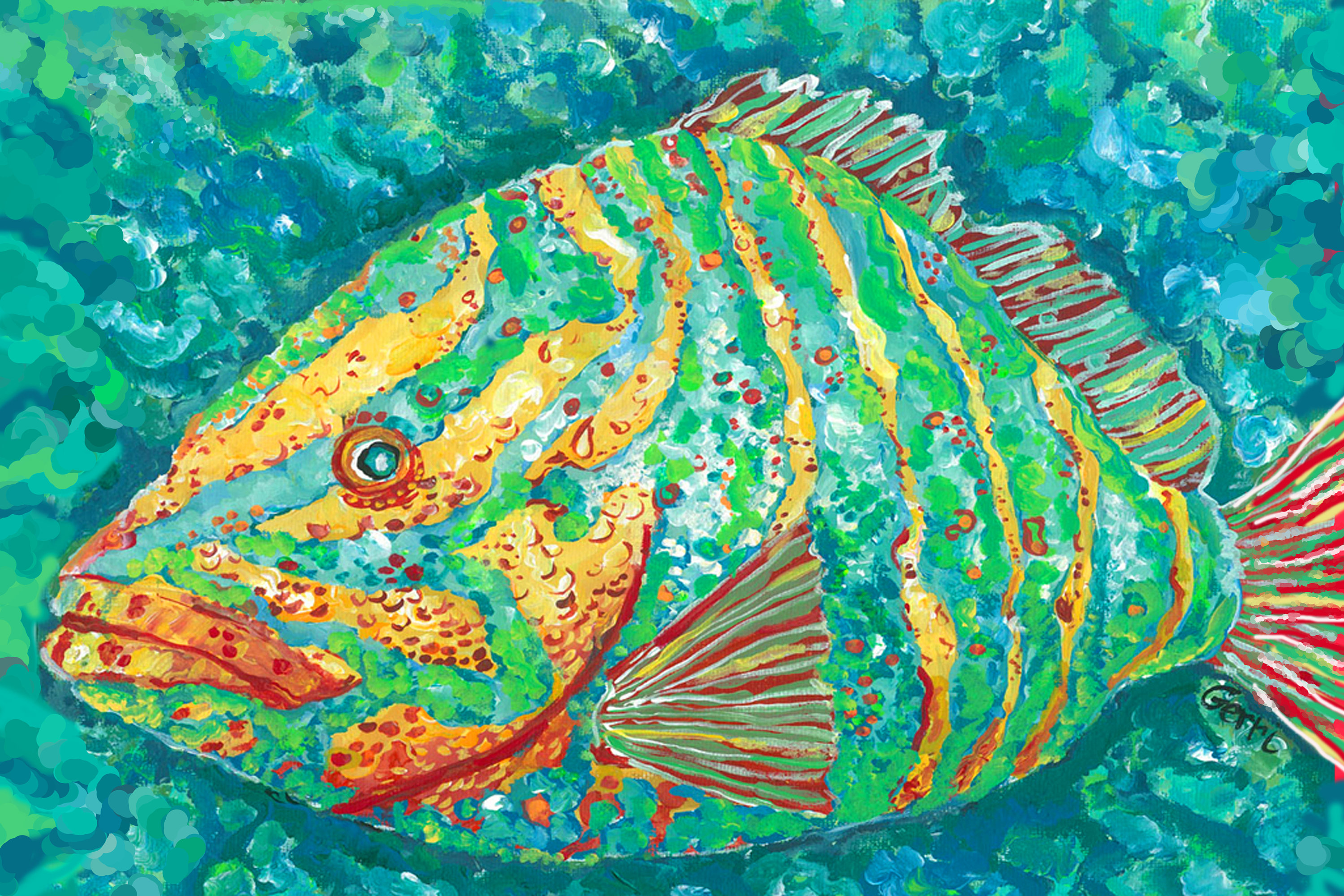 Coastal Art Print With Striped Grouper; Beach House Art; Tropical Fish ...