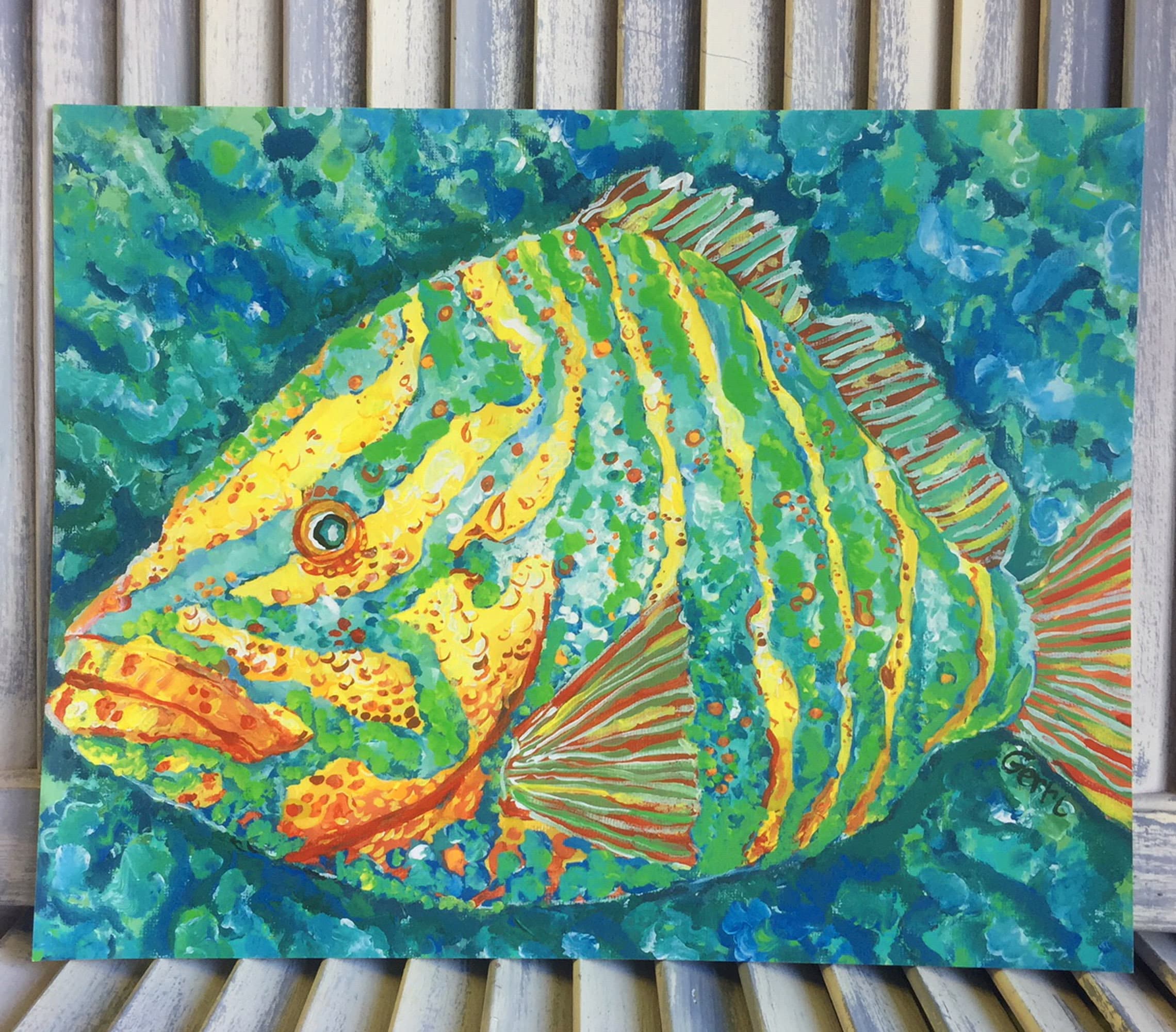 Coastal Art Print With Striped Grouper; Beach House Art; Tropical Fish ...