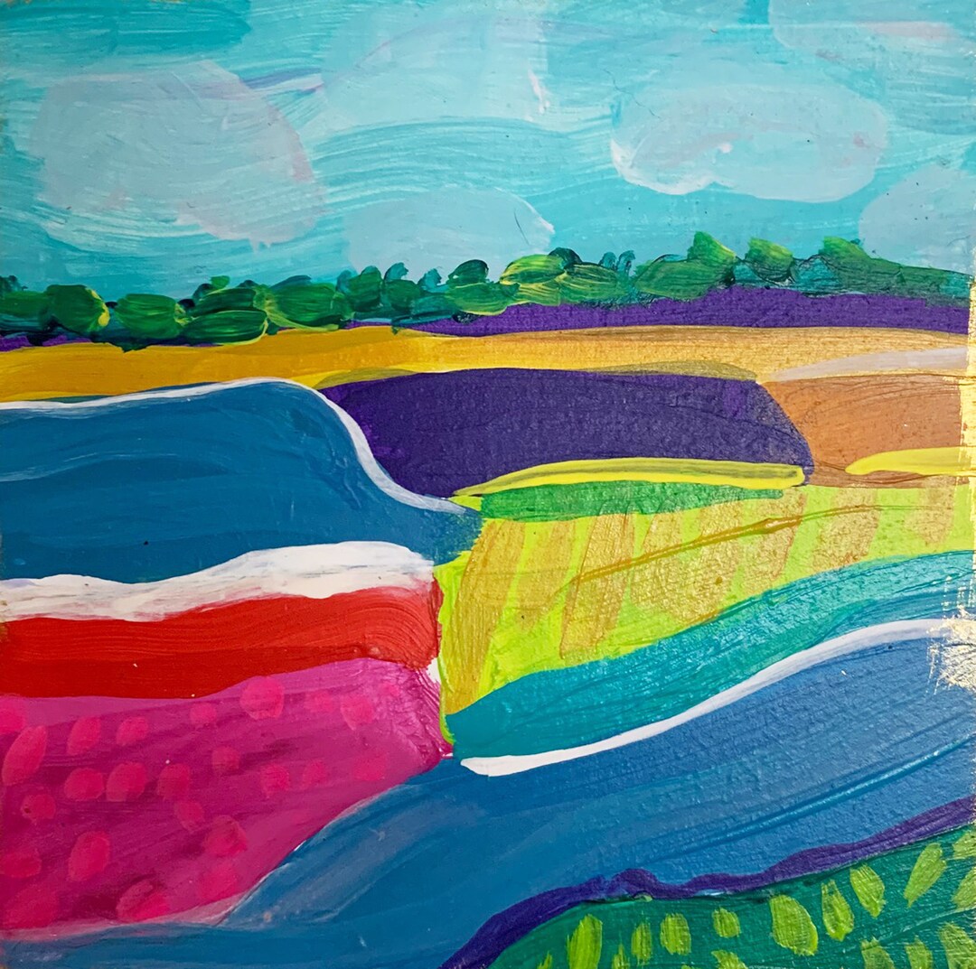 Small Artwork With Colorful Landscape, Abstract Painting on Wood, Art ...