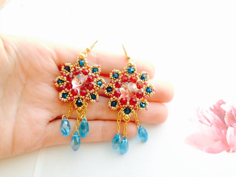 Handmade Cluster Beaded Earrings for Her, Beadwork Jewellery, Red, Blue ...