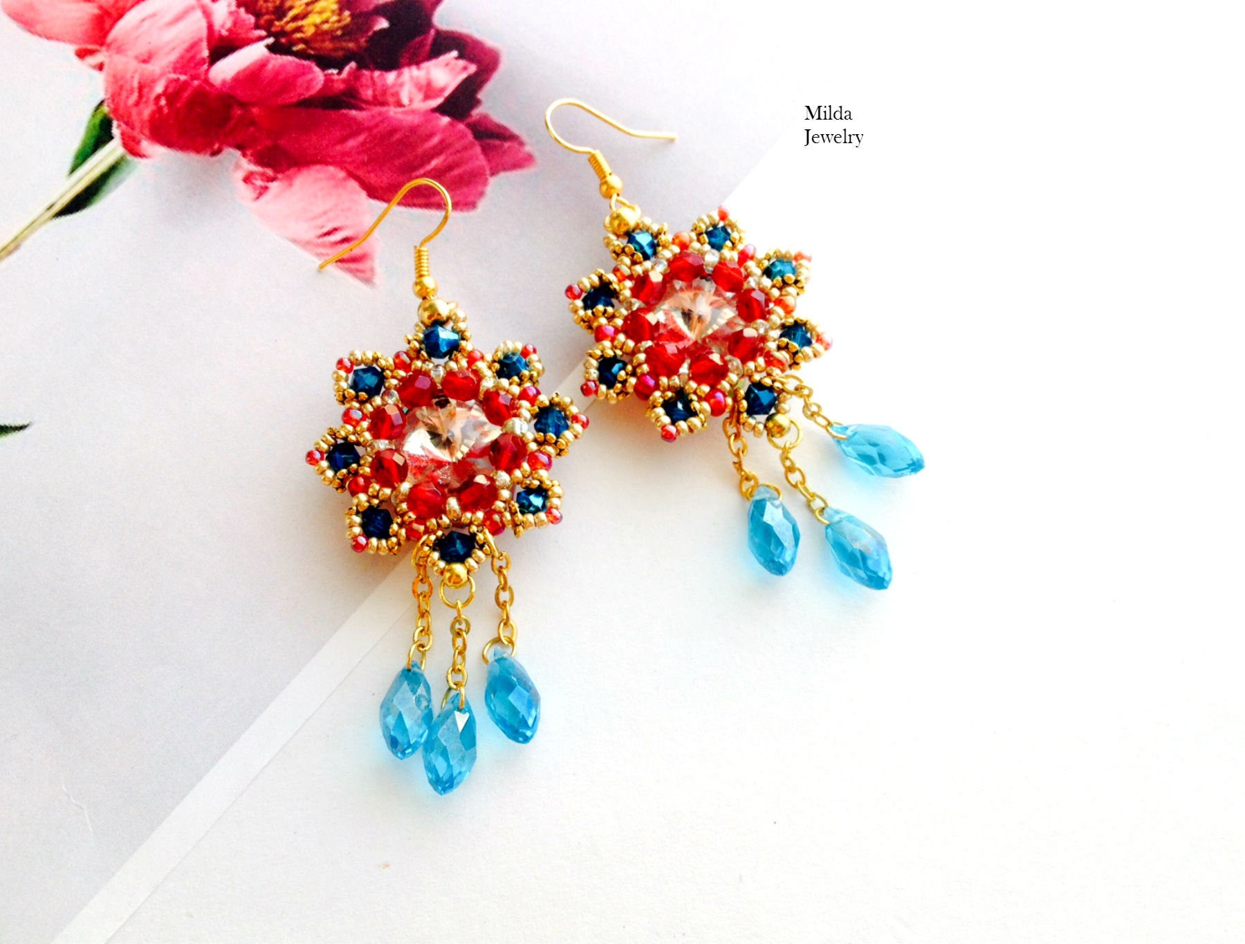 Handmade Cluster Beaded Earrings for Her, Beadwork Jewellery, Red, Blue ...