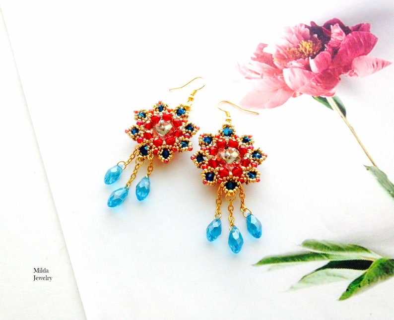 Handmade Cluster Beaded Earrings for Her, Beadwork Jewellery, Red, Blue ...