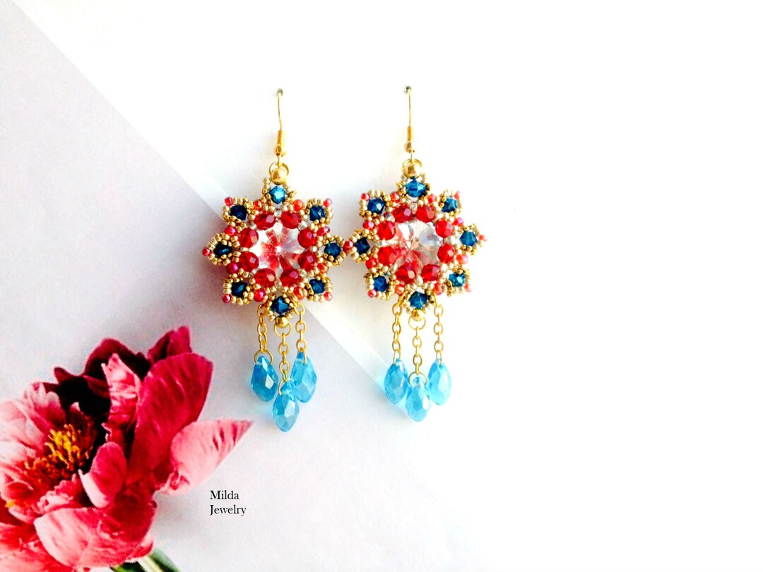 Handmade Cluster Beaded Earrings for Her, Beadwork Jewellery, Red, Blue ...