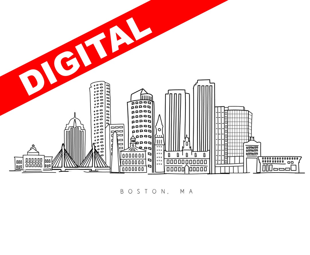 DIGITAL Boston Print, Boston Skyline, Boston MA, Boston Line Drawing ...