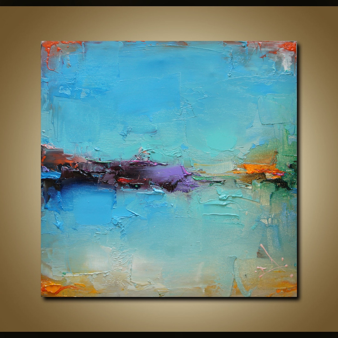 Small Blue Abstract 3D Textured Oil Painting, Black Minimalist Art ...