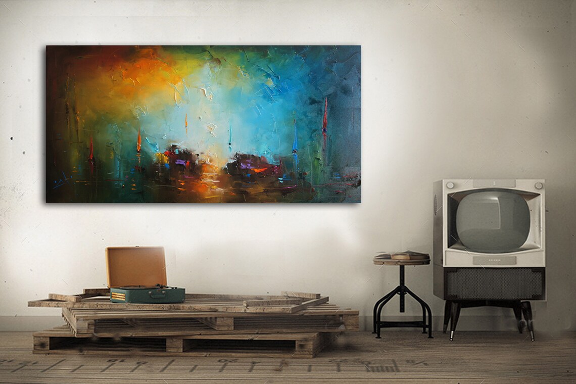 Extra Large Oil Painting, Original Art Large Canvas Painting, Teal Blue ...