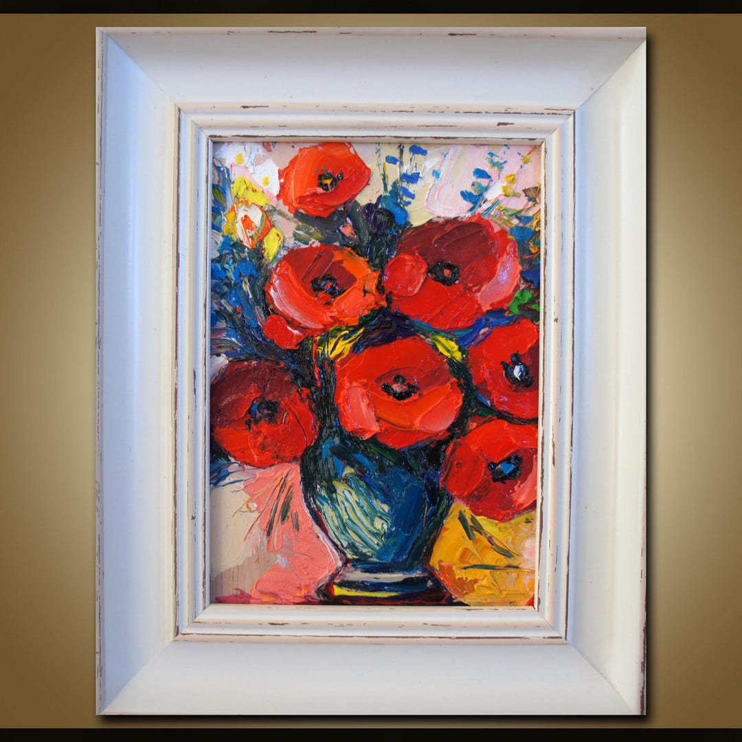 Impasto Red Poppy Oil Painting, Framed Floral Still Life - Etsy