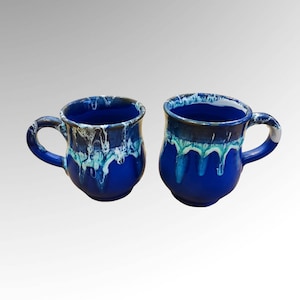 Two Handmade Blue Ceramic Mugs - Set of Two (2) Blue Pottery Mugs for ...