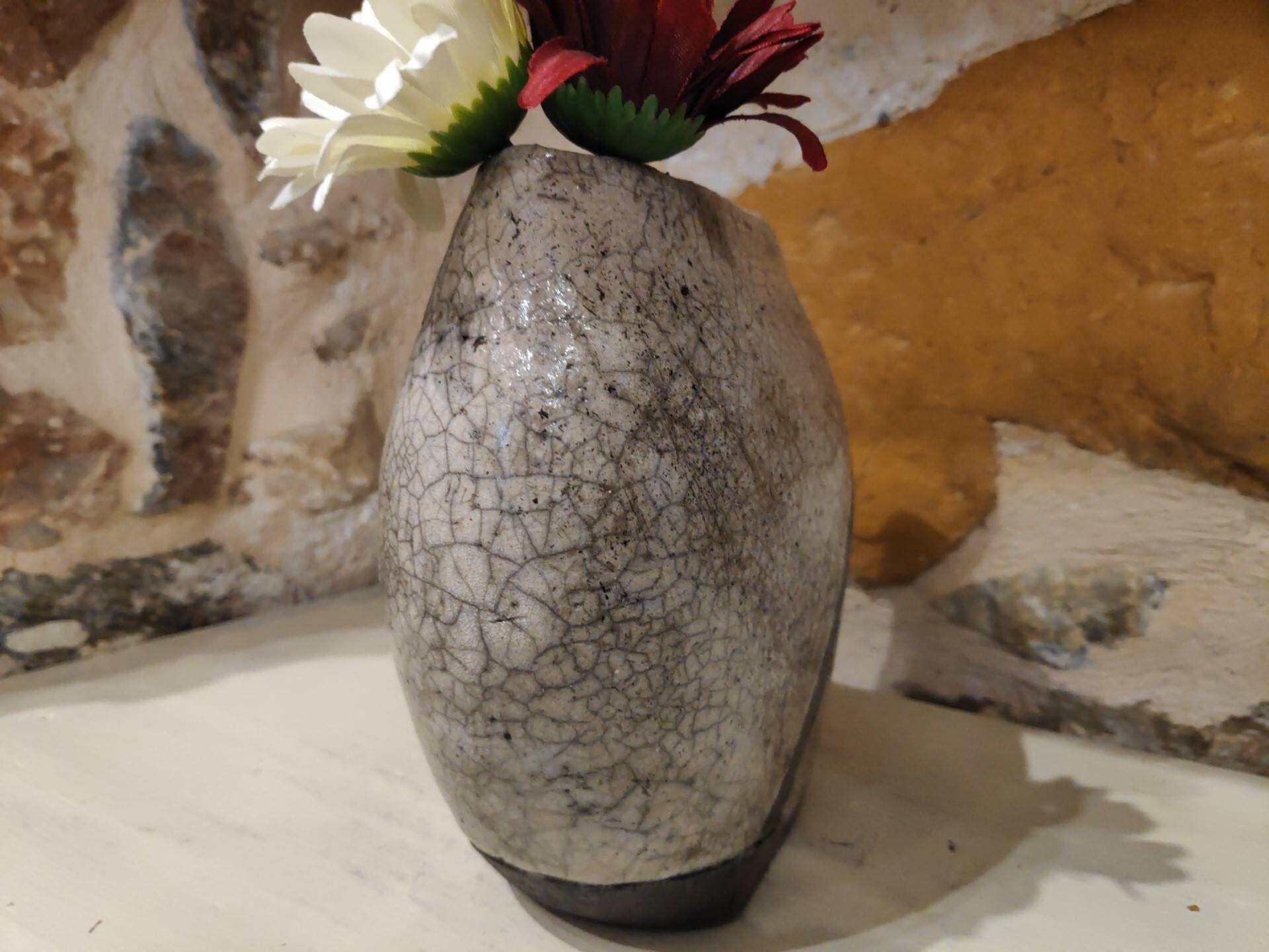 Handmade Raku Pottery Vase With White and Black Designs | Etsy