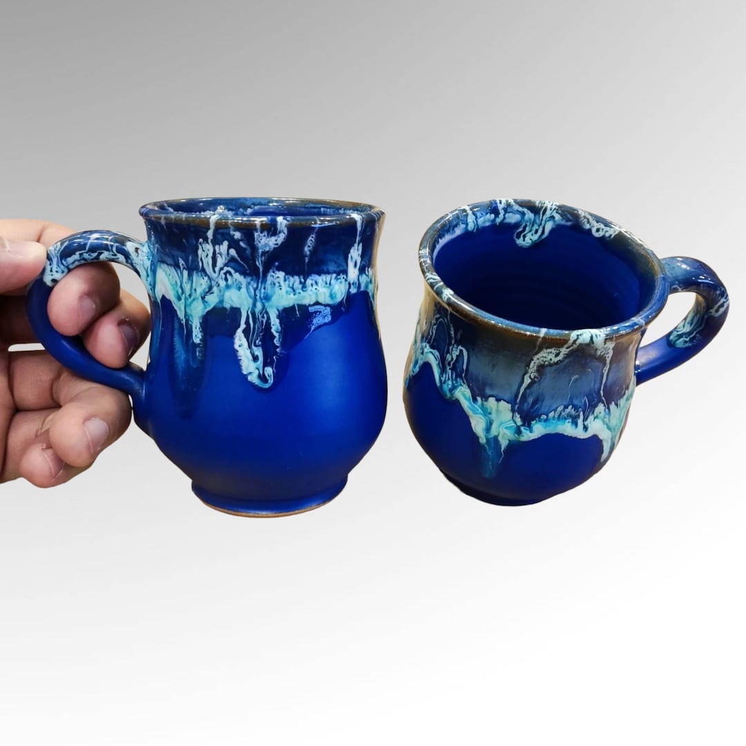 Two Handmade Blue Ceramic Mugs - Set of Two (2) Blue Pottery Mugs for ...