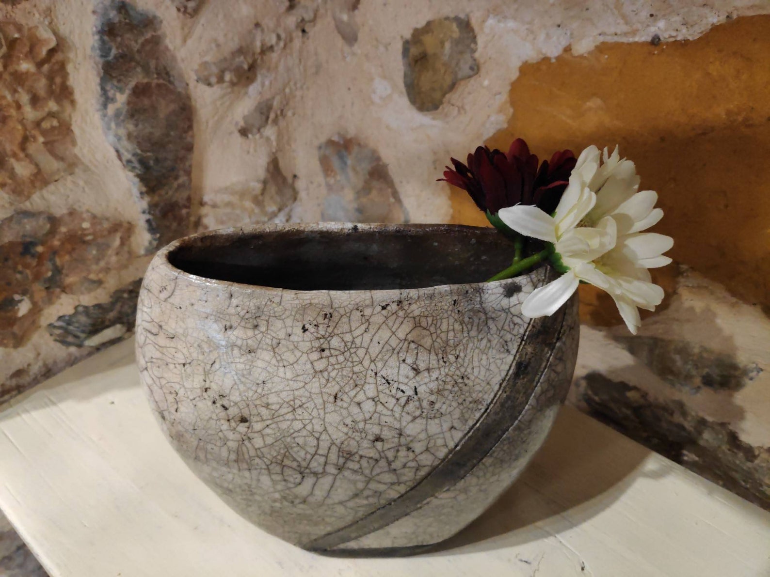 Handmade Raku Pottery Vase With White and Black Designs - Etsy