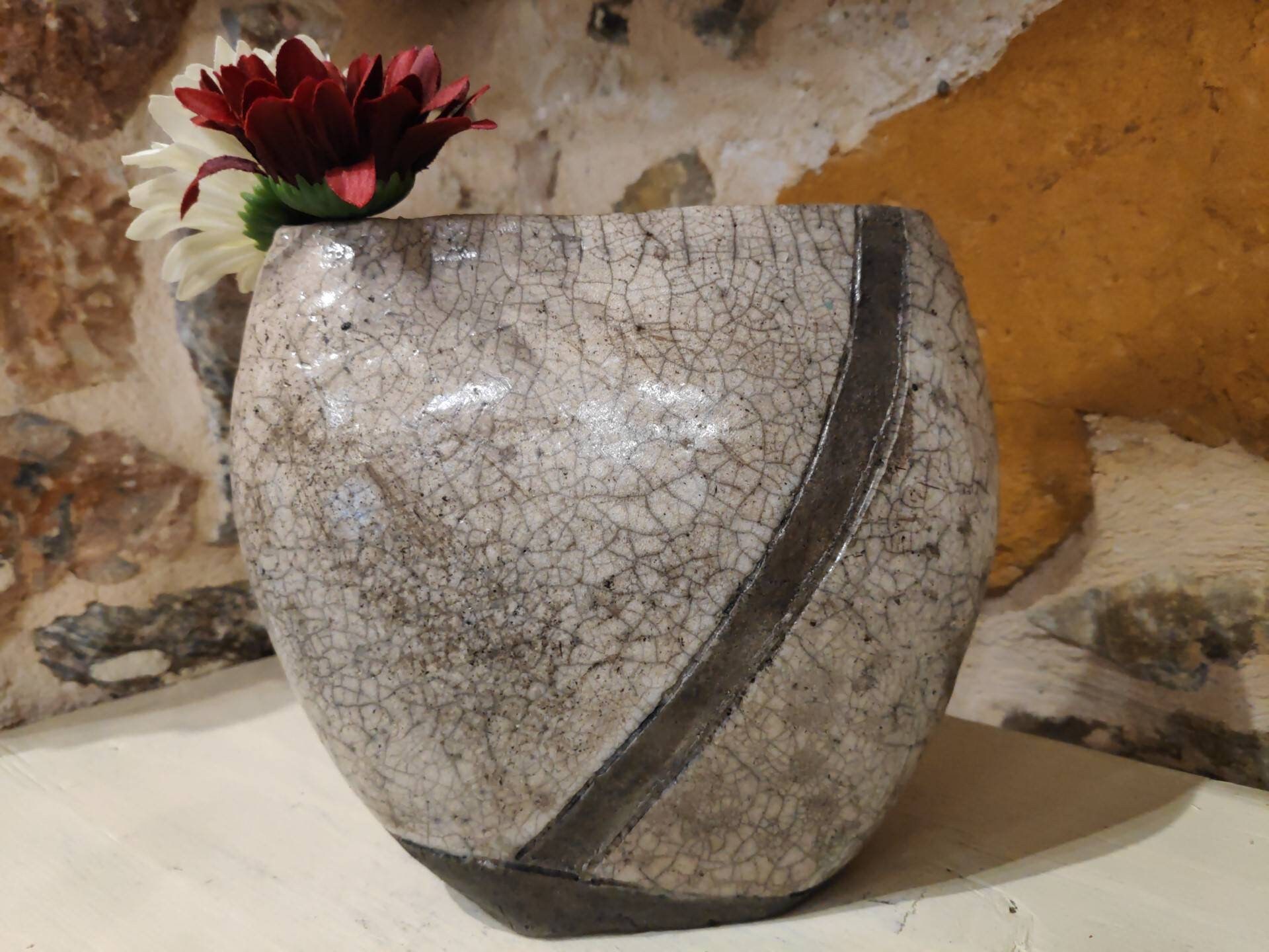 Handmade Raku Pottery Vase With White and Black Designs - Etsy