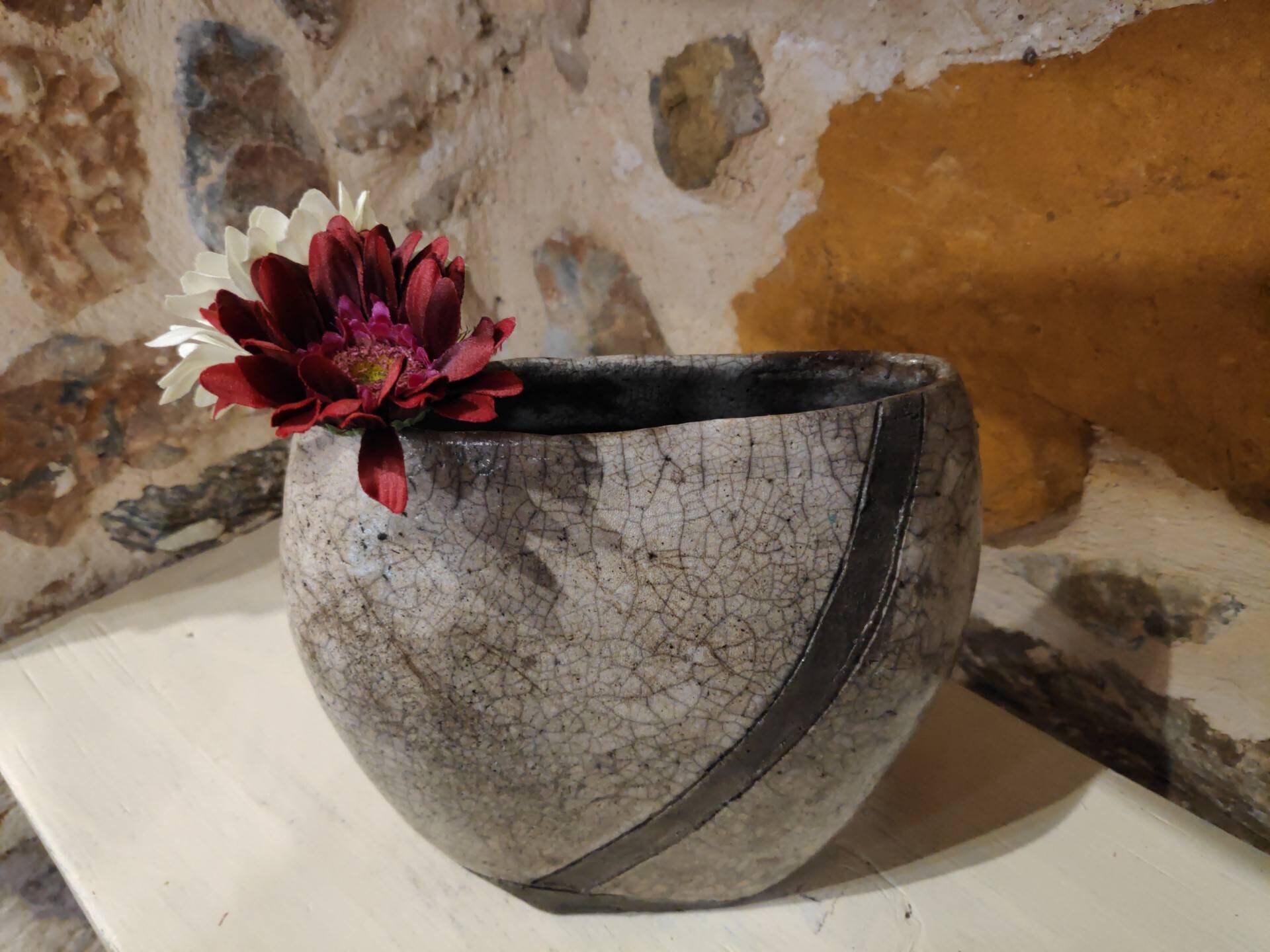 Handmade Raku Pottery Vase With White and Black Designs - Etsy