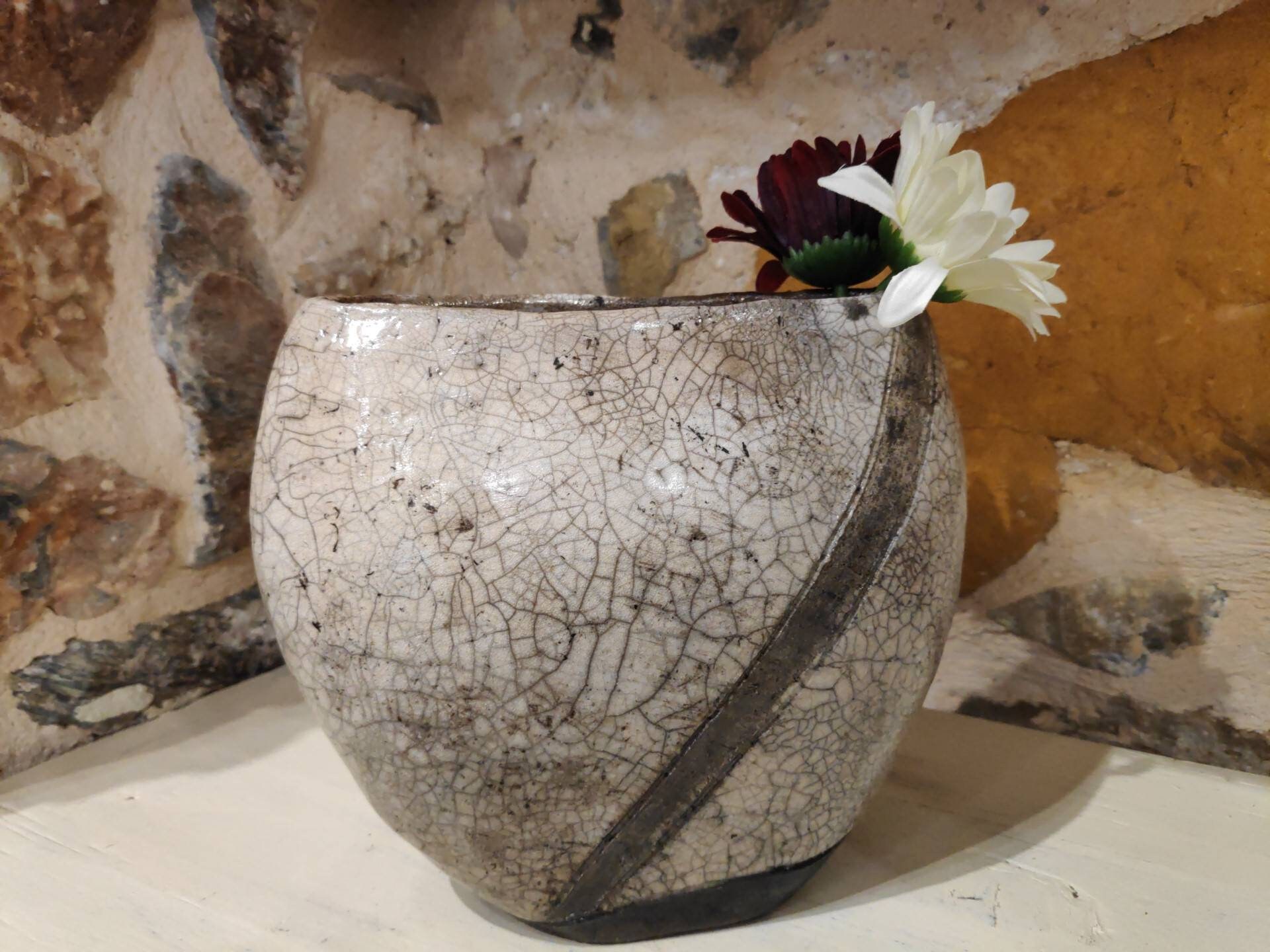 Handmade Raku Pottery Vase With White and Black Designs - Etsy