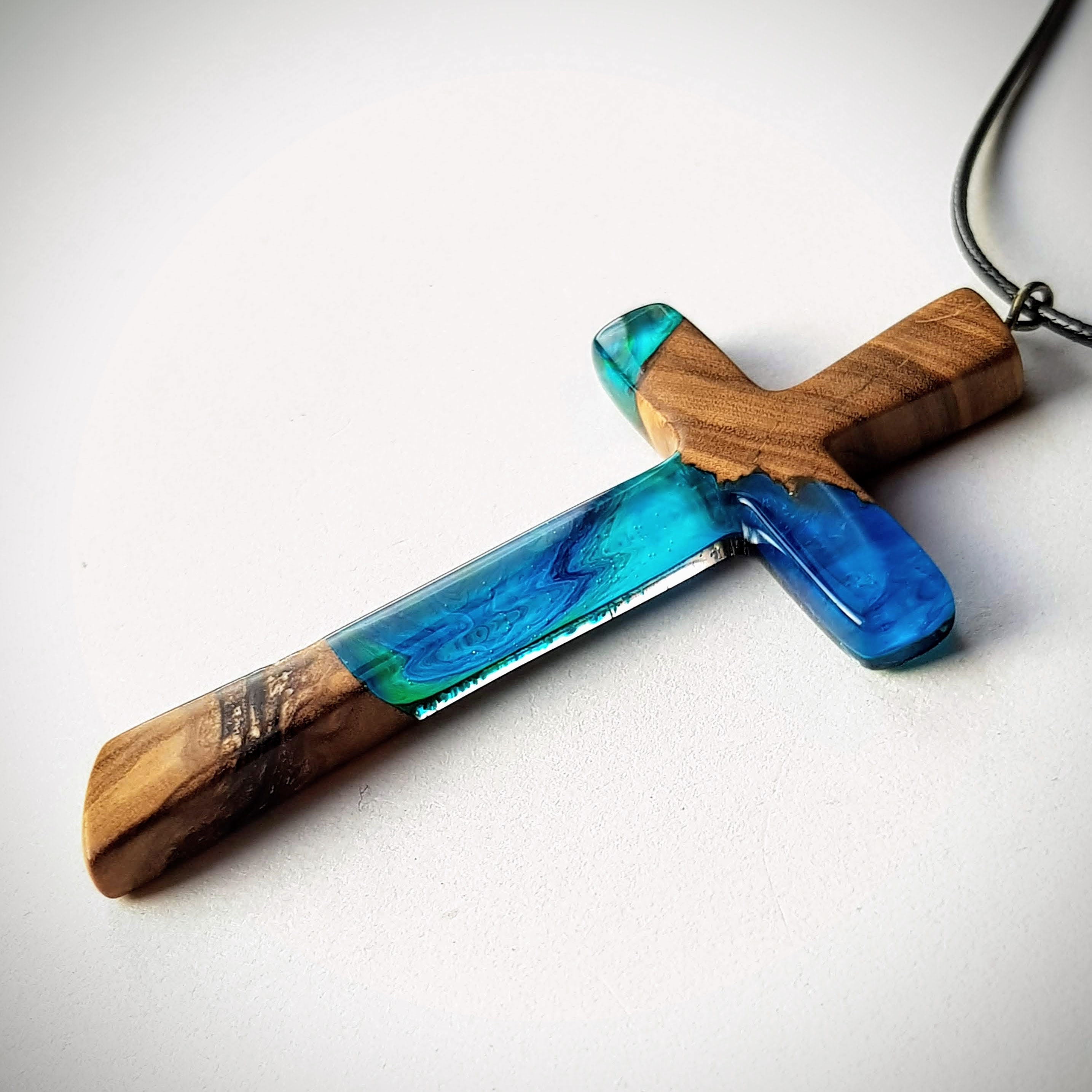 One Piece Wood Resin Cross Pendant - Olive Wood - Fluid art ...