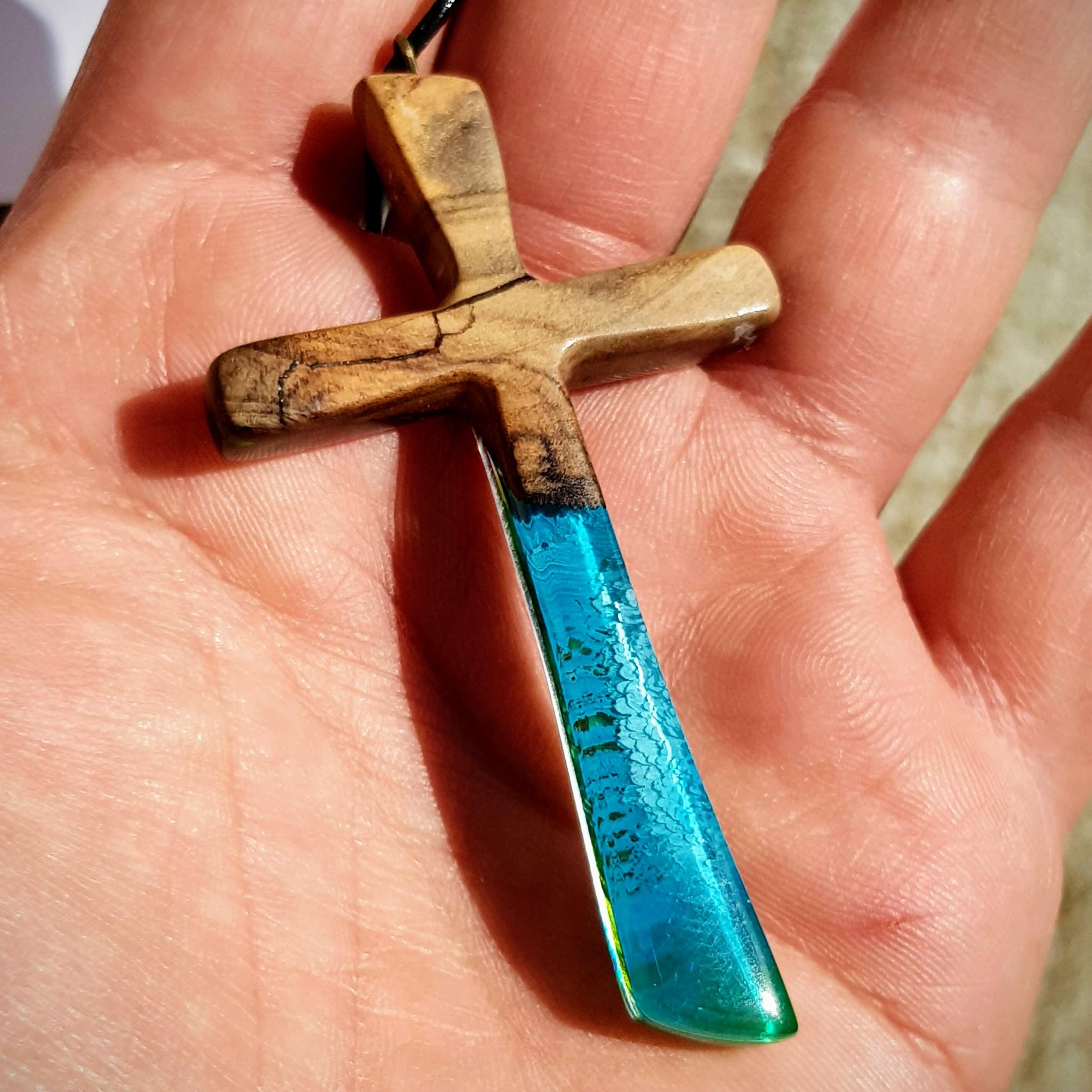 One Piece Wood Resin Cross Pendant - Olive Wood - Fluid art ...