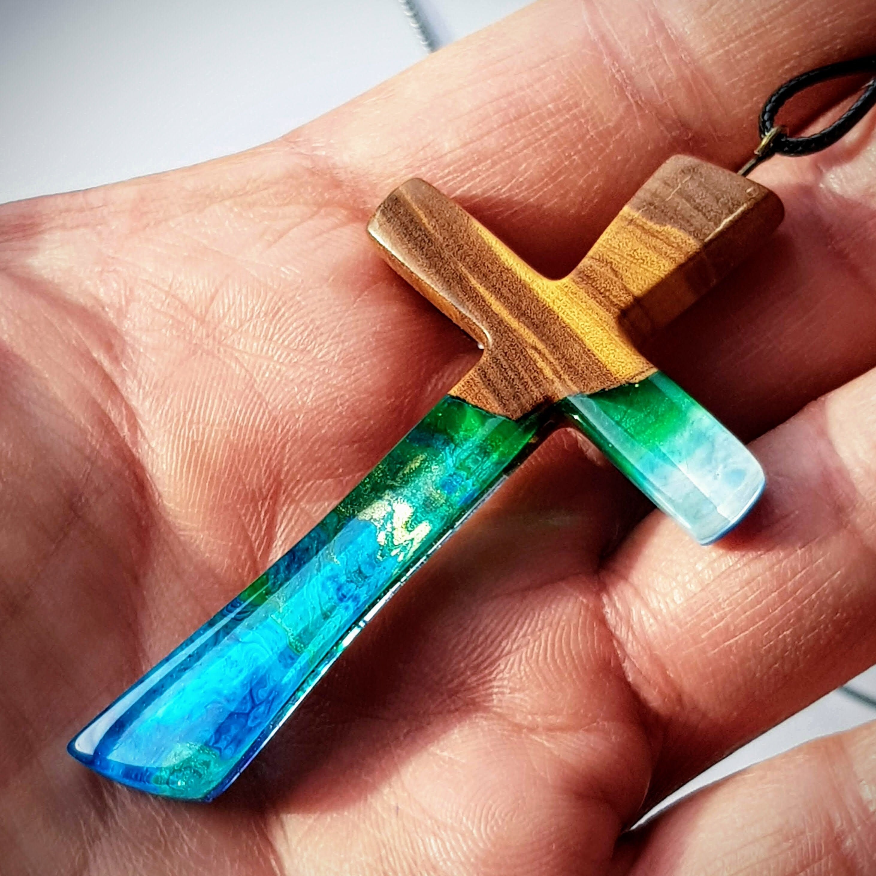 One Piece Wood Resin Cross Pendant - Olive Wood - Fluid art ...