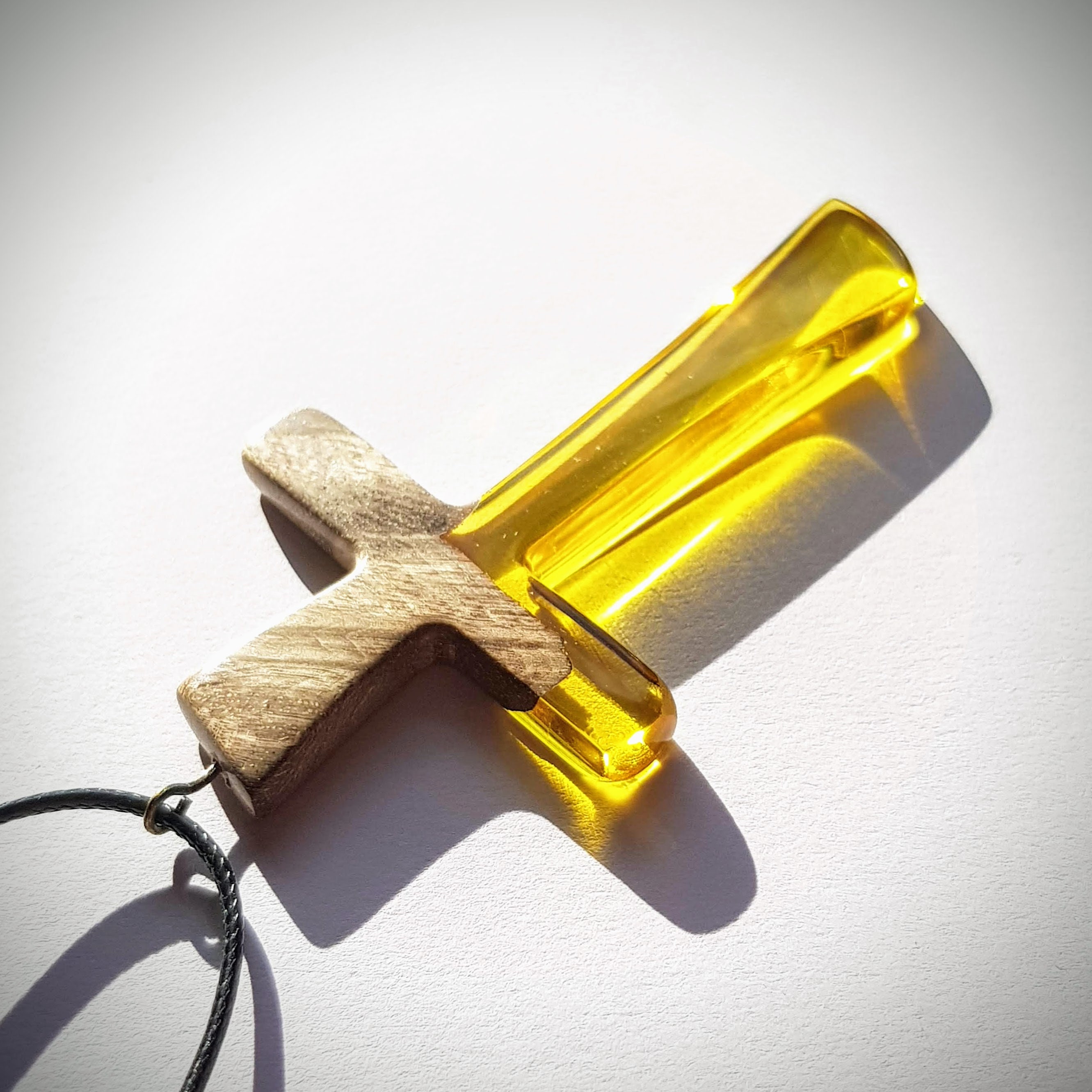 One Piece Wood Resin Cross Pendant - Chestnut burl - Yellow Cross Necklace