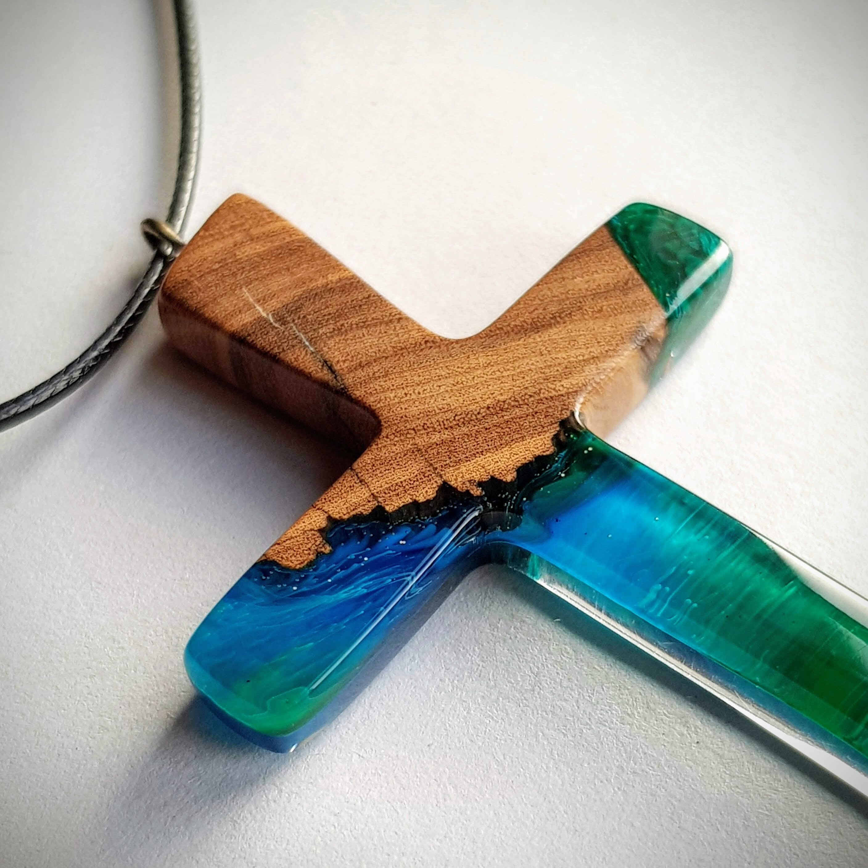 One Piece Wood Resin Cross Pendant - Olive Wood - Fluid art ...