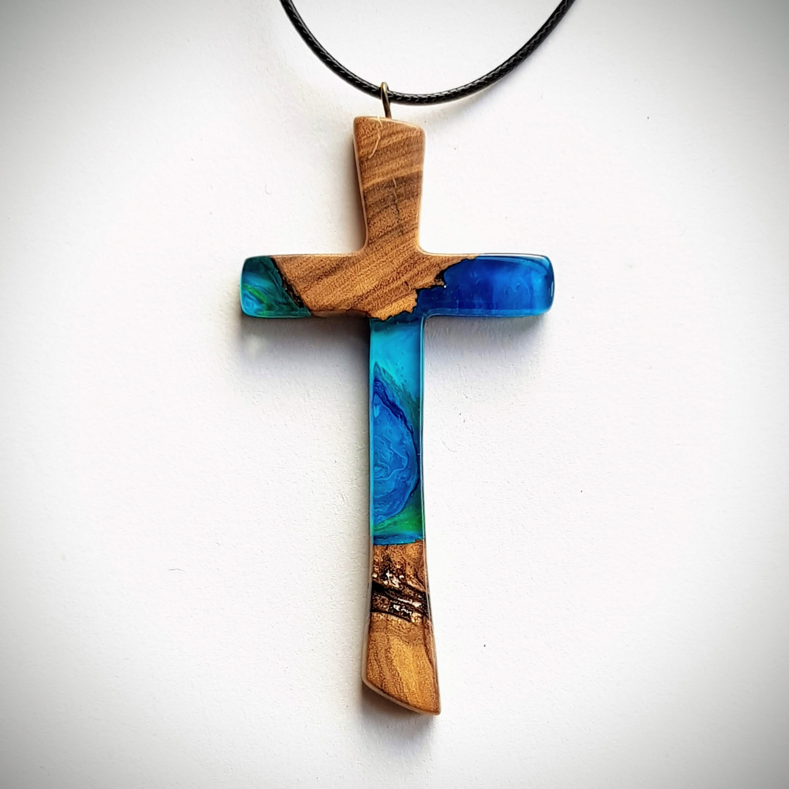 One Piece Wood Resin Cross Pendant - Olive Wood - Fluid art ...