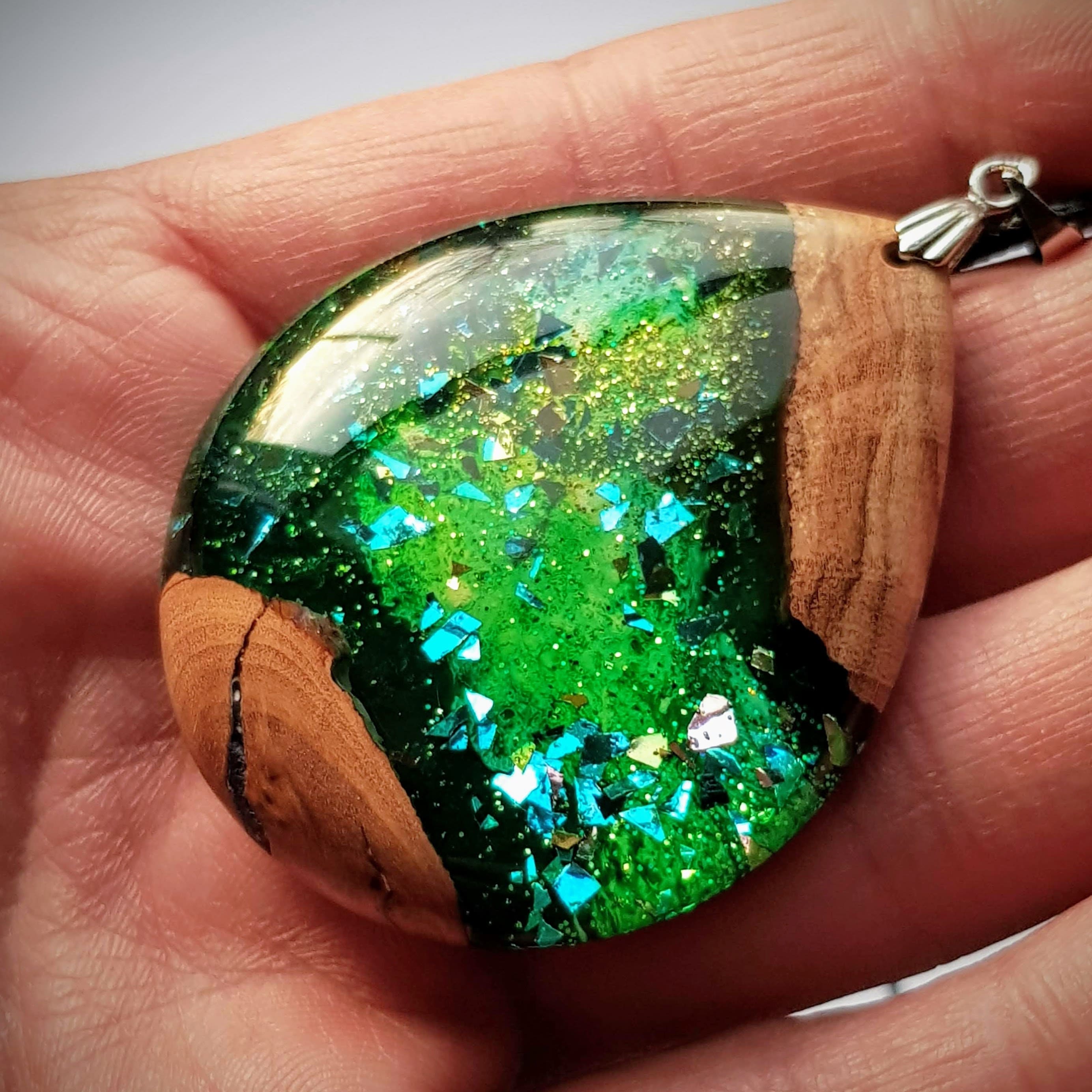 Wood Resin Pendant - Olive Wood - Sparkling green with glitter