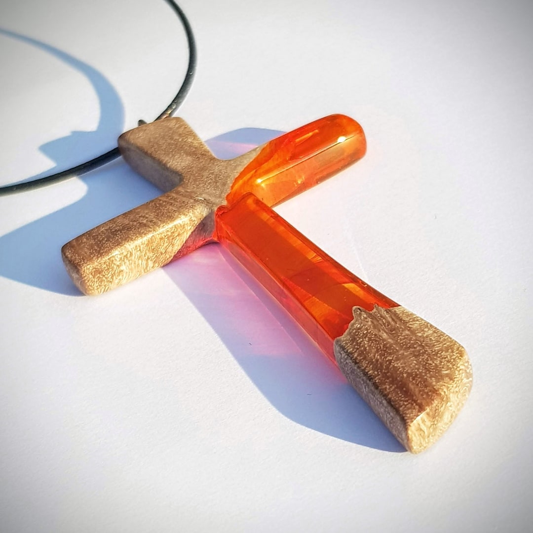 One Piece Wood Resin Cross Pendant - Olive Wood - Red Cross Necklace - Etsy