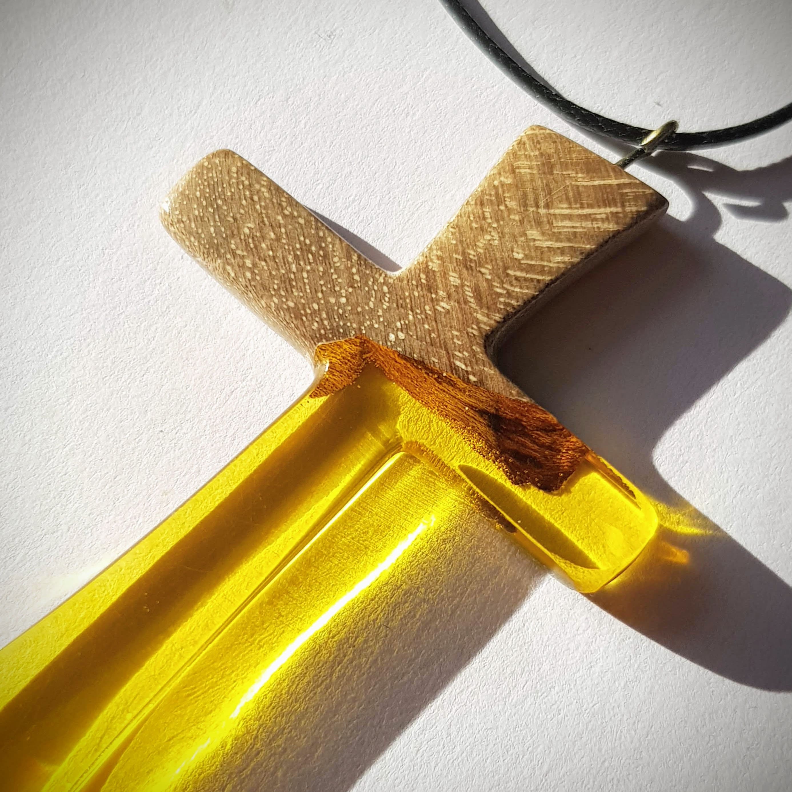 One Piece Wood Resin Cross Pendant - Chestnut burl - Yellow Cross Necklace