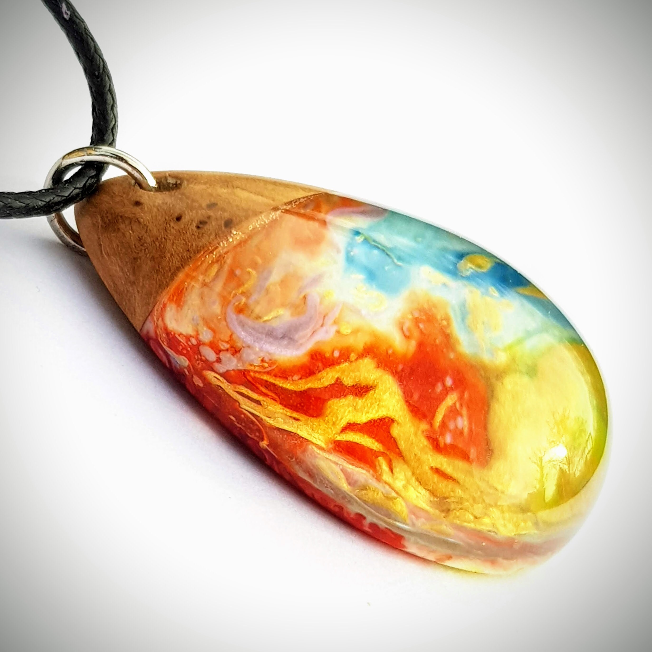 Wood Resin Pendant - Olive Wood - Multi color abstract paint
