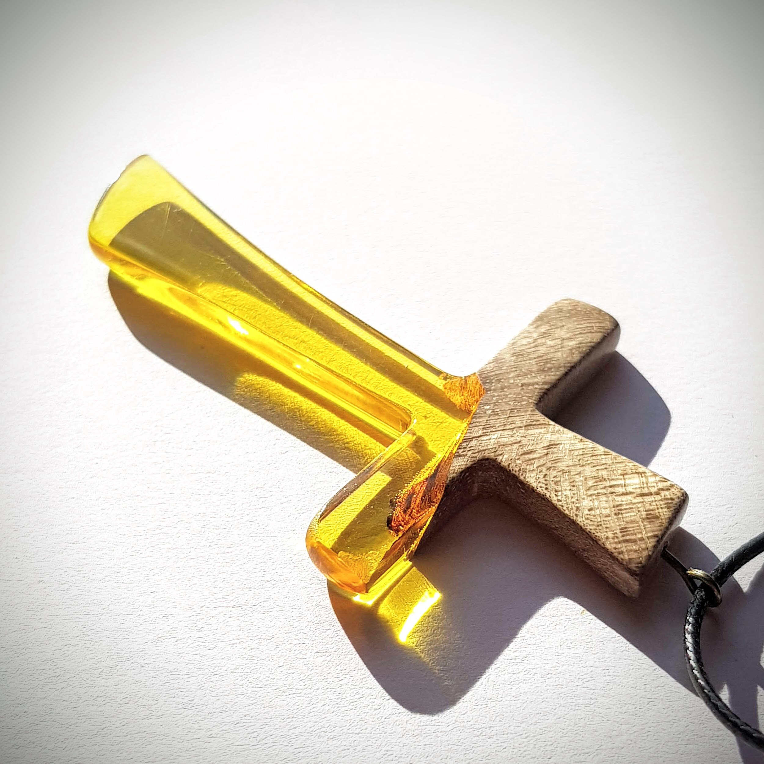 One Piece Wood Resin Cross Pendant - Chestnut burl - Yellow Cross Necklace