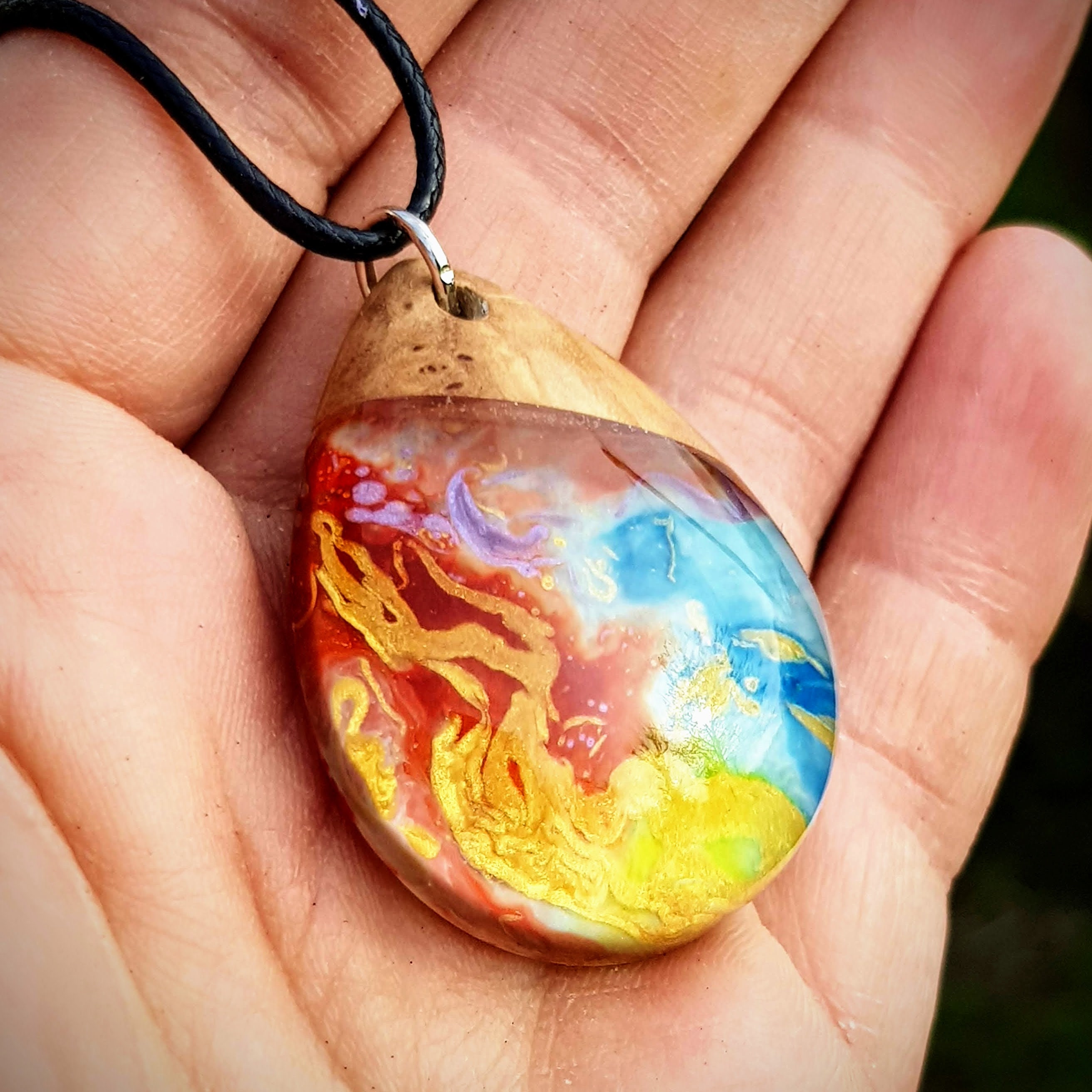 Wood Resin Pendant - Olive Wood - Multi color abstract paint