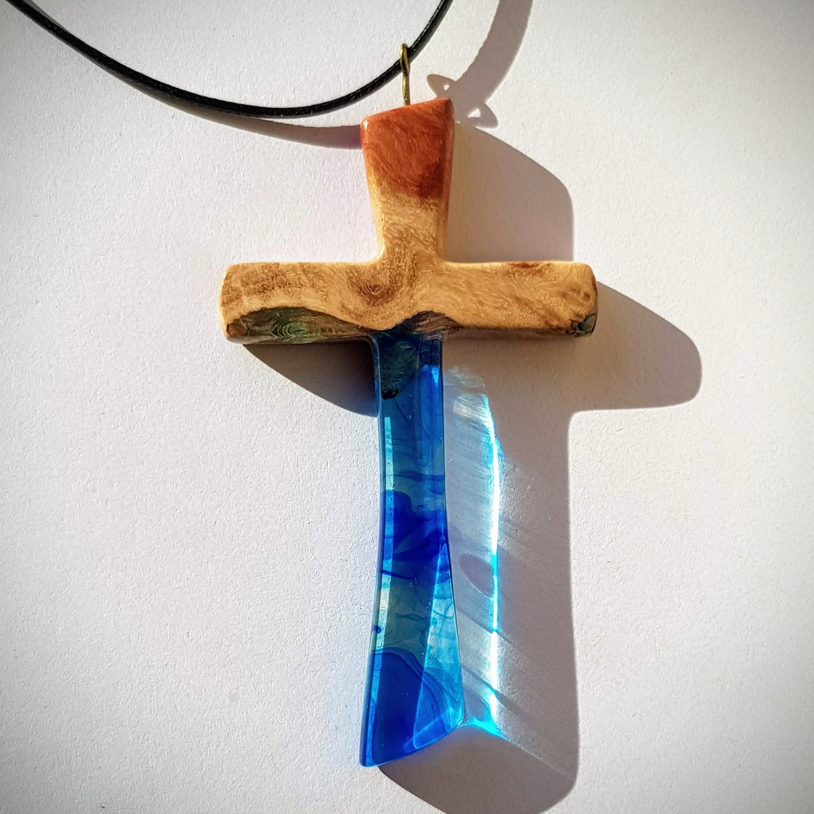 One Piece Wood Resin Cross Pendant - Red Mallee Burl - Blue Cross Necklace