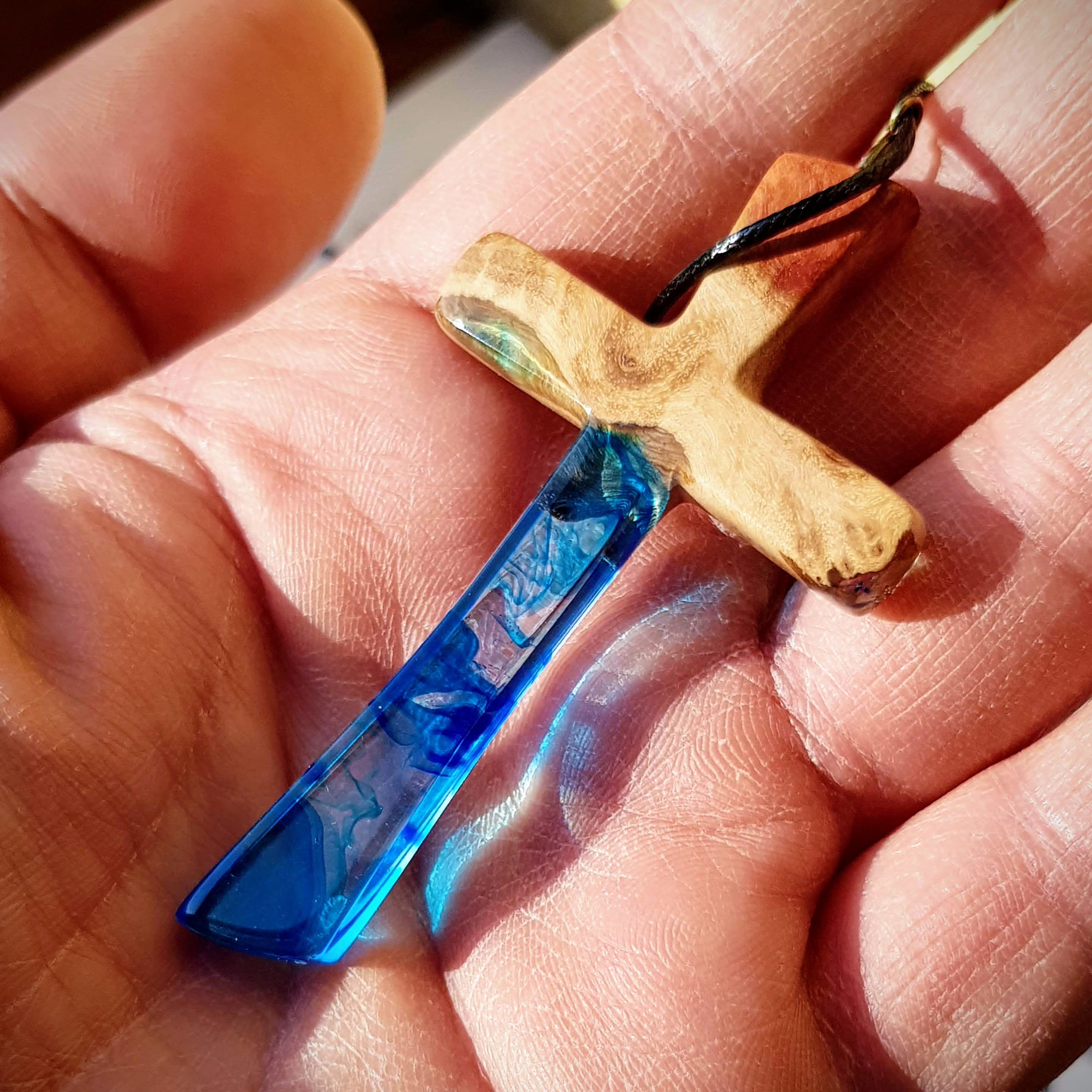 One Piece Wood Resin Cross Pendant - Red Mallee Burl - Blue Cross Necklace
