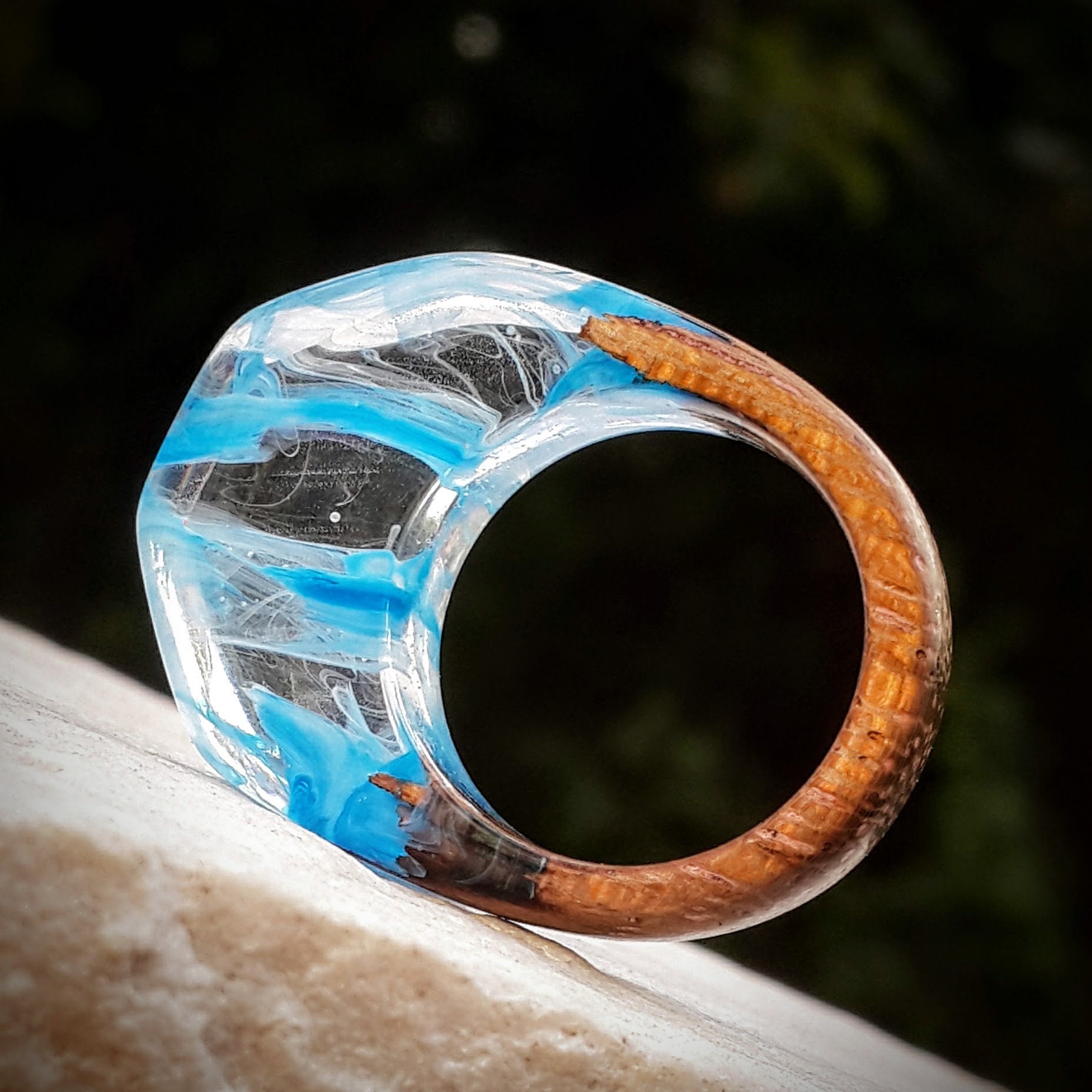 Size 7 3/4 Wood Resin Ring - Ice Blue