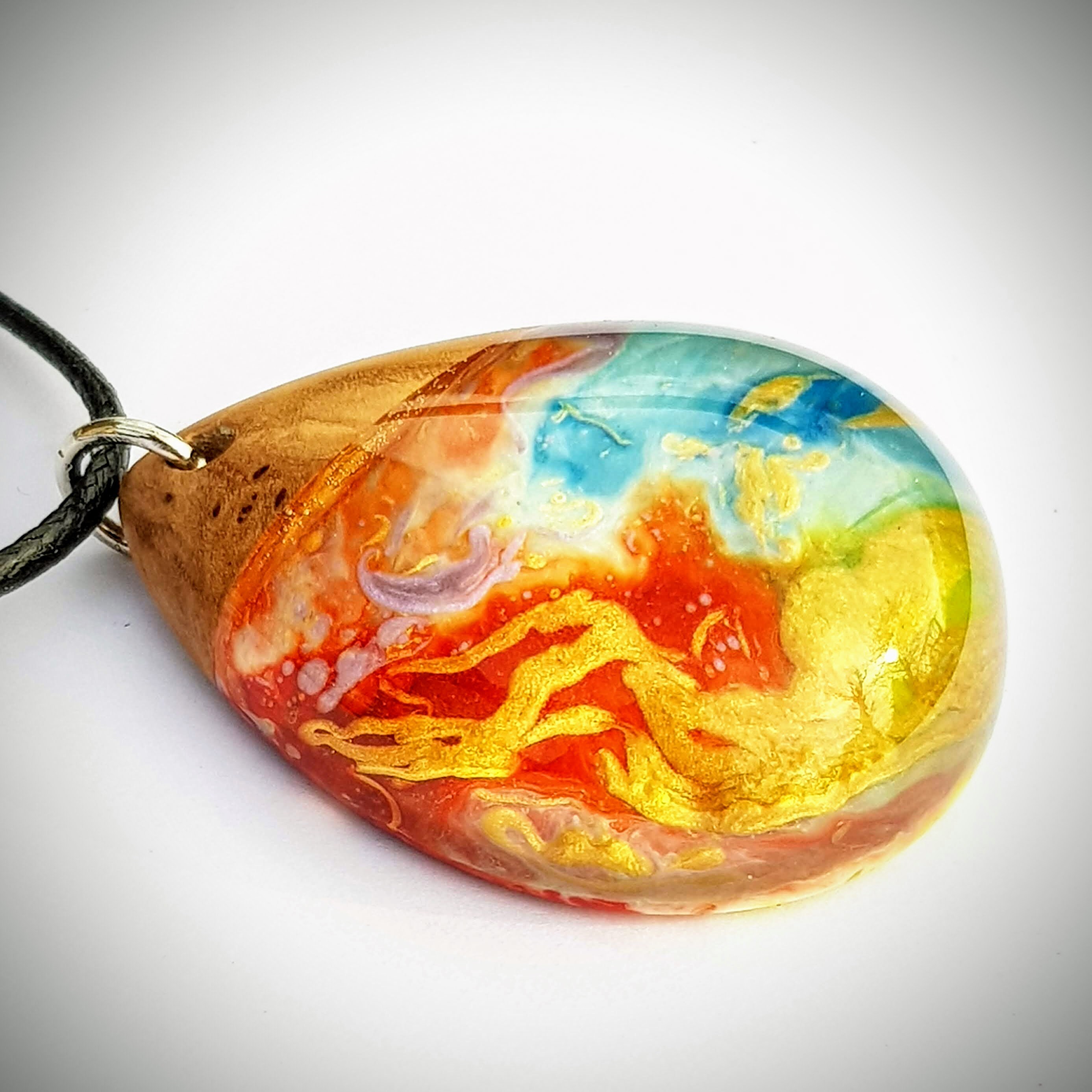 Wood Resin Pendant - Olive Wood - Multi color abstract paint
