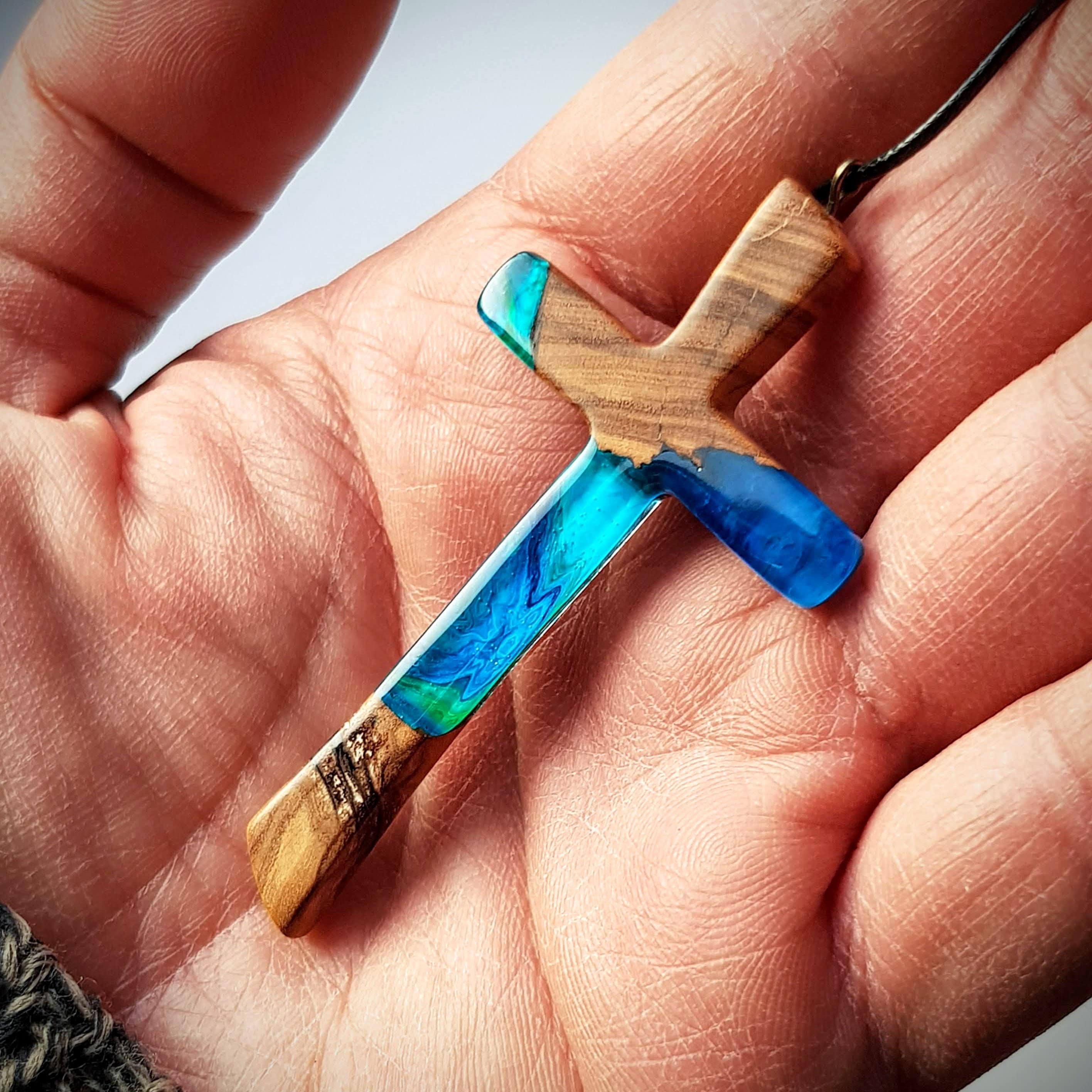 One Piece Wood Resin Cross Pendant - Olive Wood - Fluid art ...