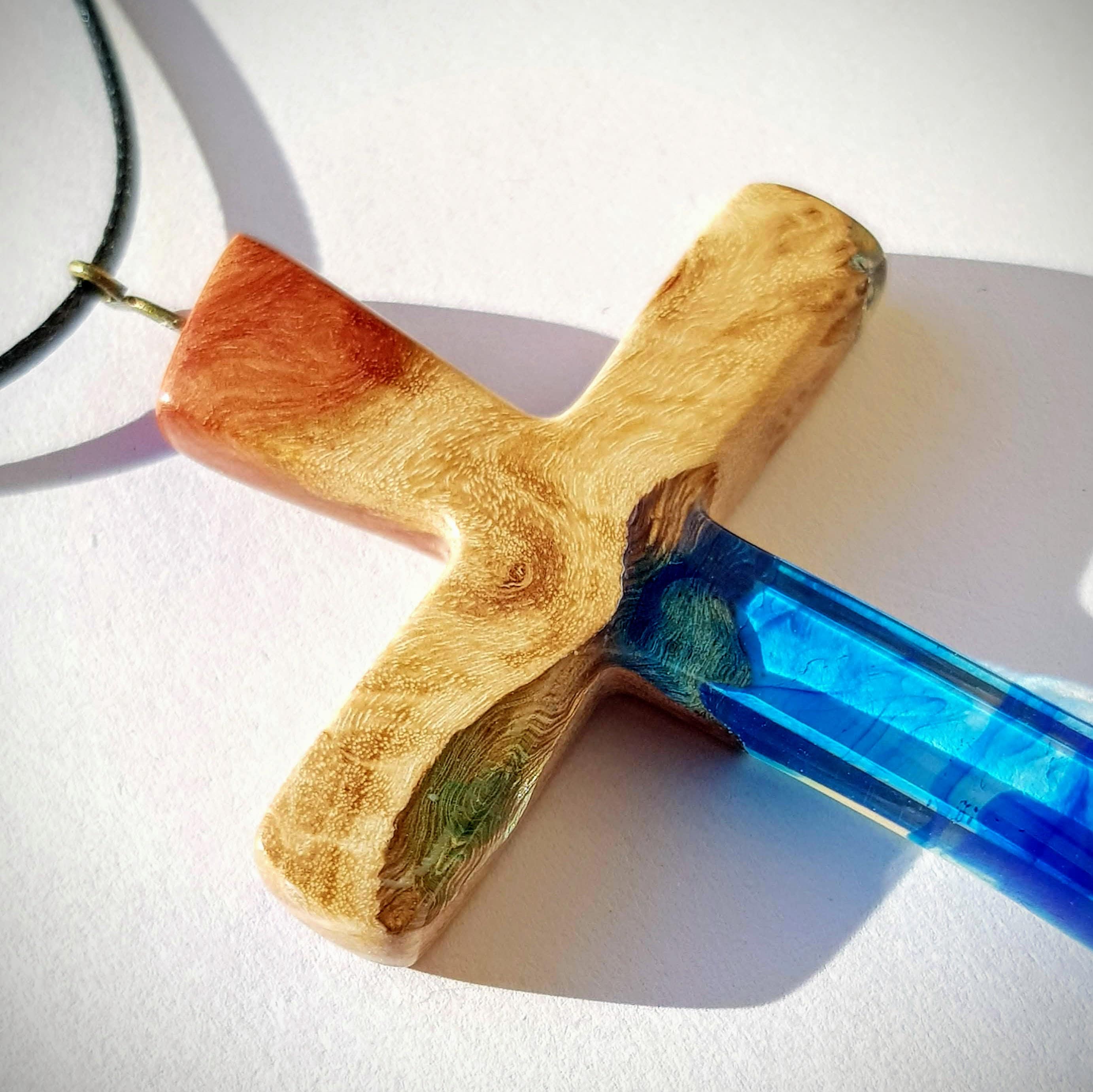 One Piece Wood Resin Cross Pendant - Red Mallee Burl - Blue Cross Necklace