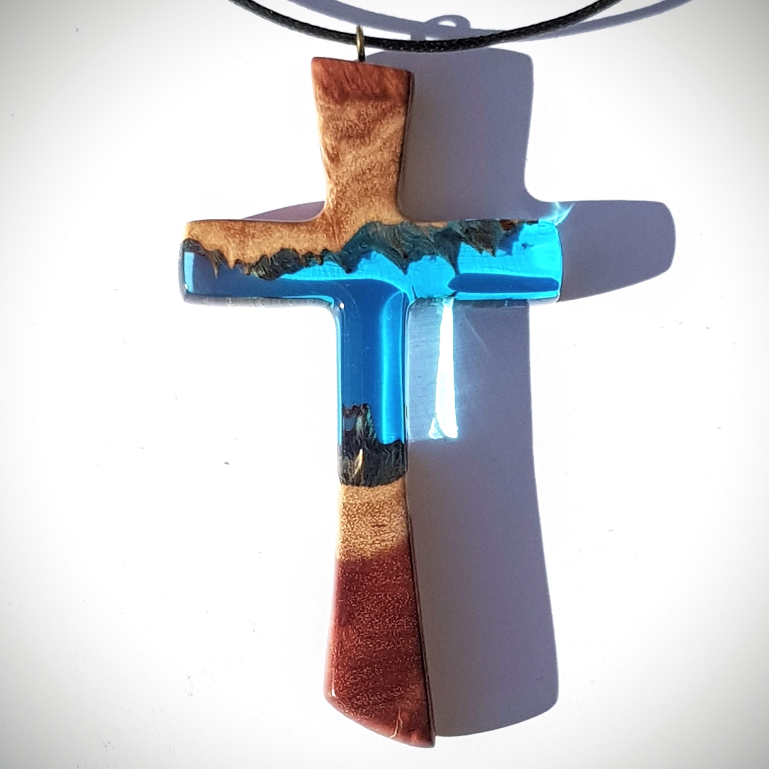 One Piece Wood Resin Cross Pendant - Red Mallee Burl - Blue Cross Necklace