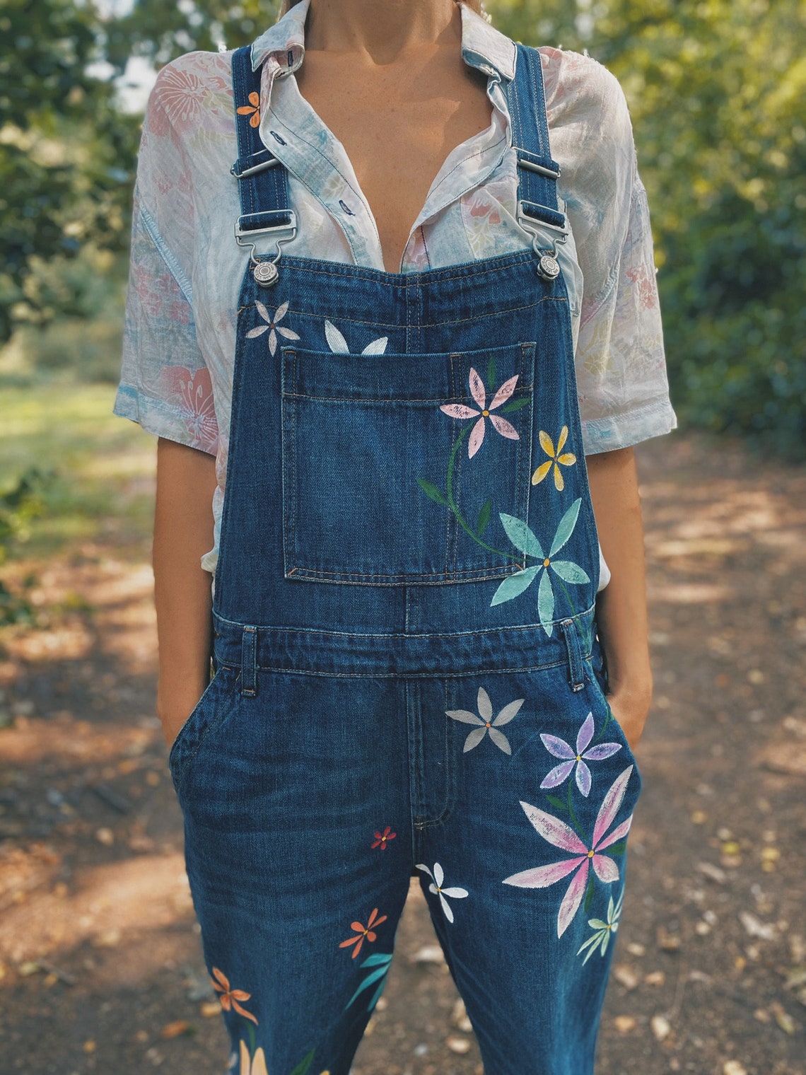 Floral Cluster Hand Painted Denim Dungarees - Etsy