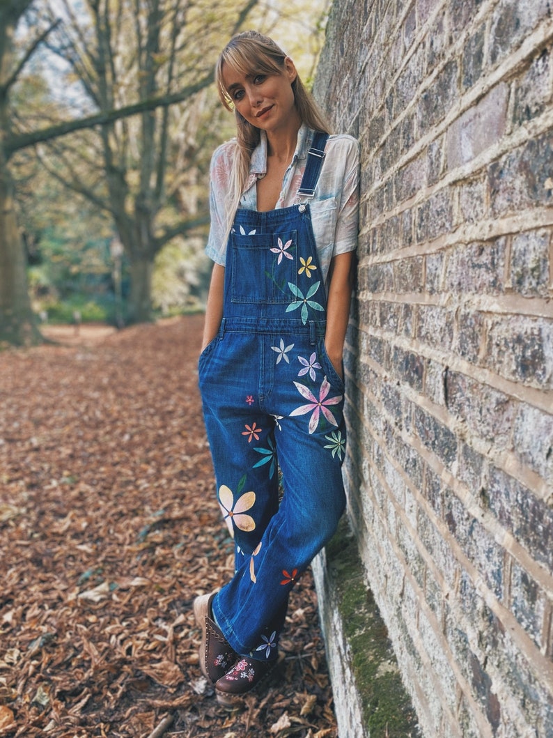 Floral Cluster Hand Painted Denim Dungarees - Etsy