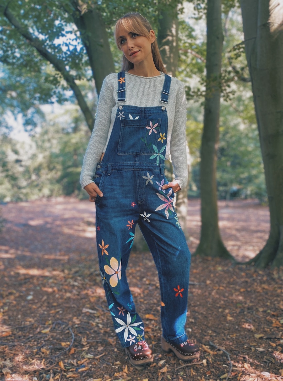 Floral Cluster Hand Painted Denim Dungarees - Etsy