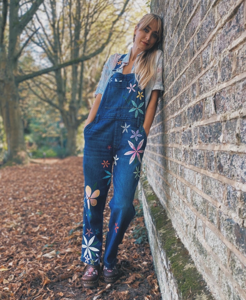 Floral Cluster Hand Painted Denim Dungarees - Etsy