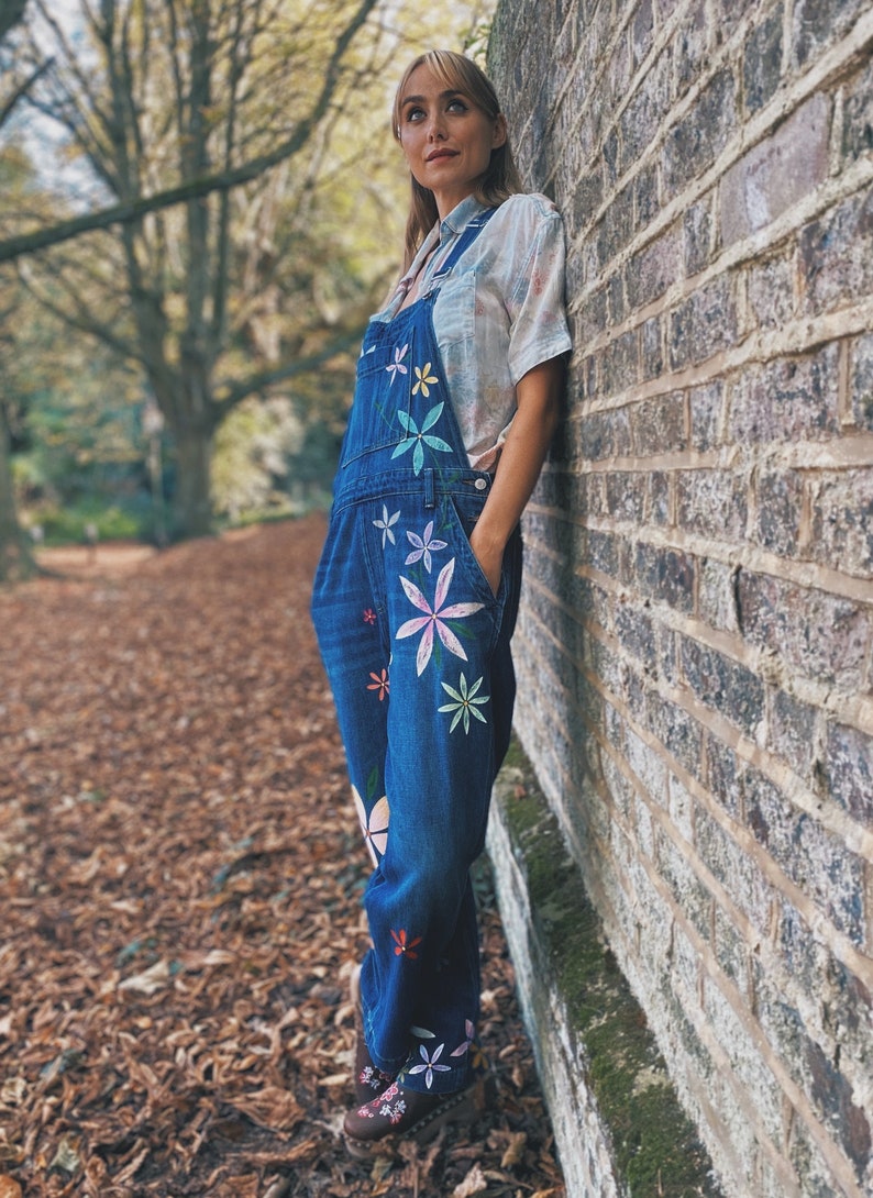 Floral Cluster Hand Painted Denim Dungarees - Etsy