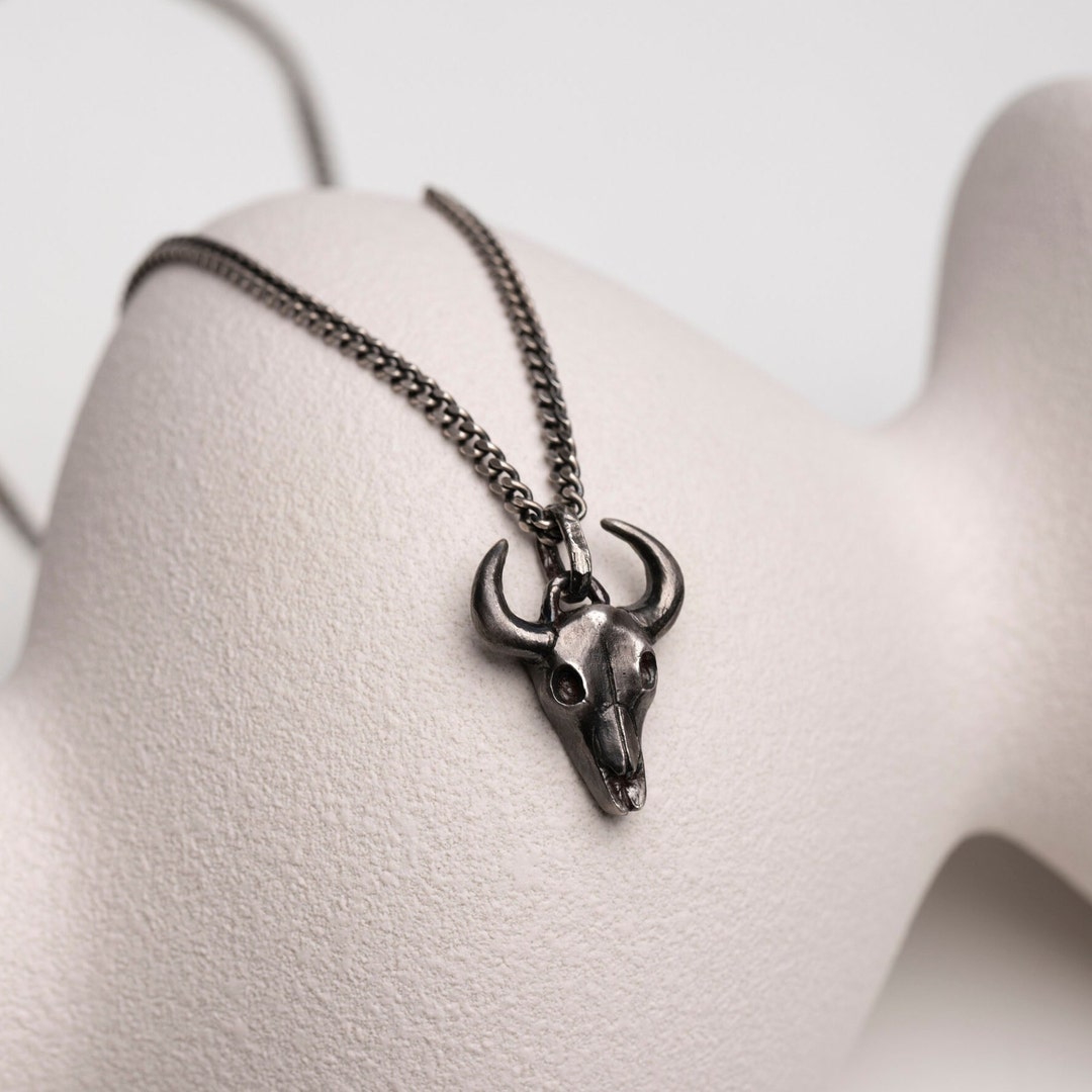 Bull Necklace Men Oxidized Sterling Silver - Brutalist Western Bull ...