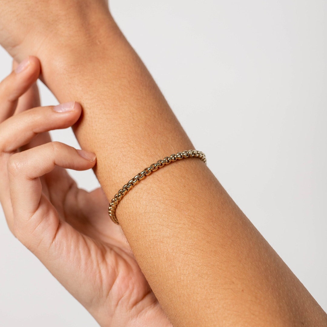 Round Link Box Chain Bracelet Women Sterling Silver 4mm Thick Chunky ...