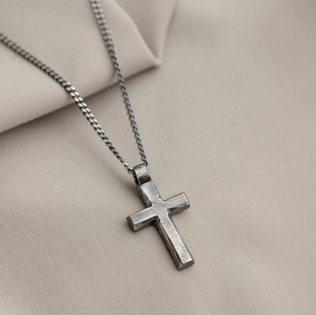 Christian Cross Necklace for Men Sterling Silver 925, Oxidized Rustic ...