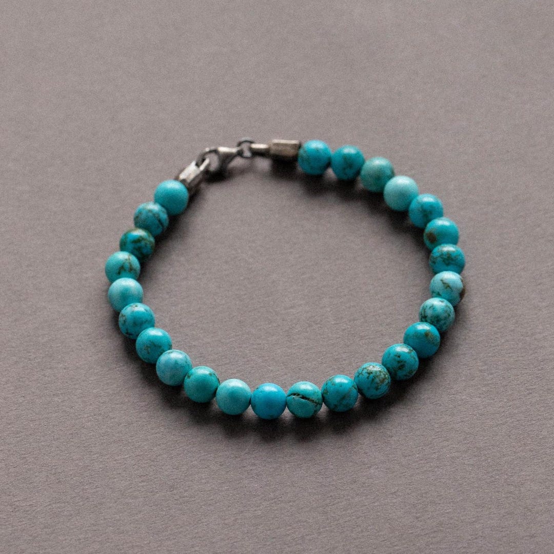 Natural Turquoise Beaded Bracelet, Oxidized Sterling Silver Clasp ...