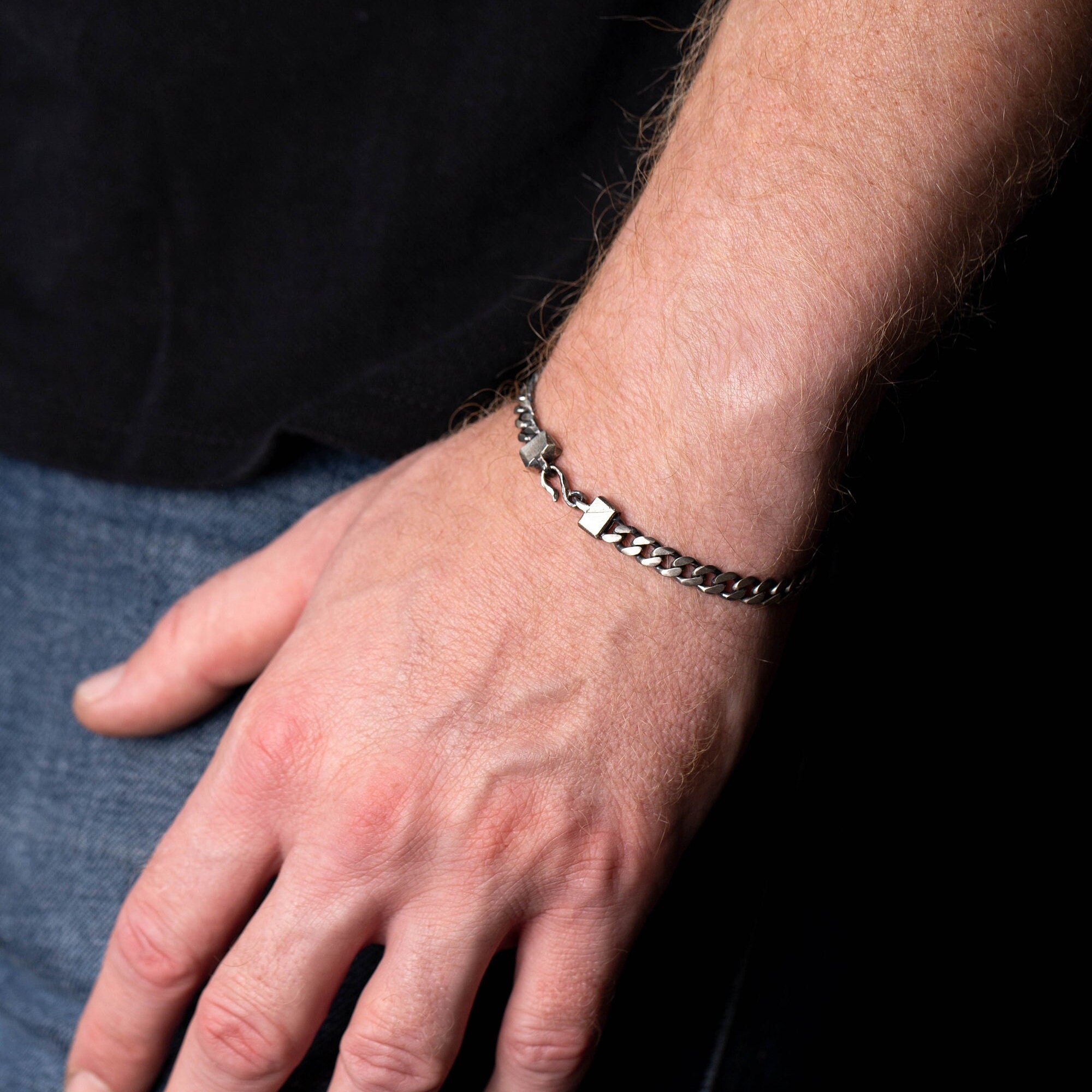 Silver Chain Bracelet for Men Curb Oxidized Sterling Silver | Etsy
