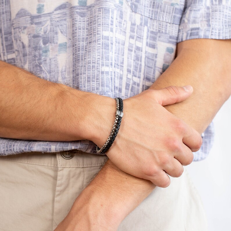 Bracelet Men Silver Double Chain and Leather Cord Black - Etsy