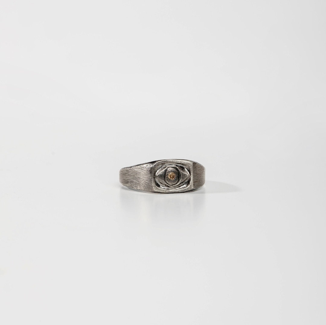 Evil Eye Ring Signet Oxidized Silver Brown Diamond Brutalist for Men ...