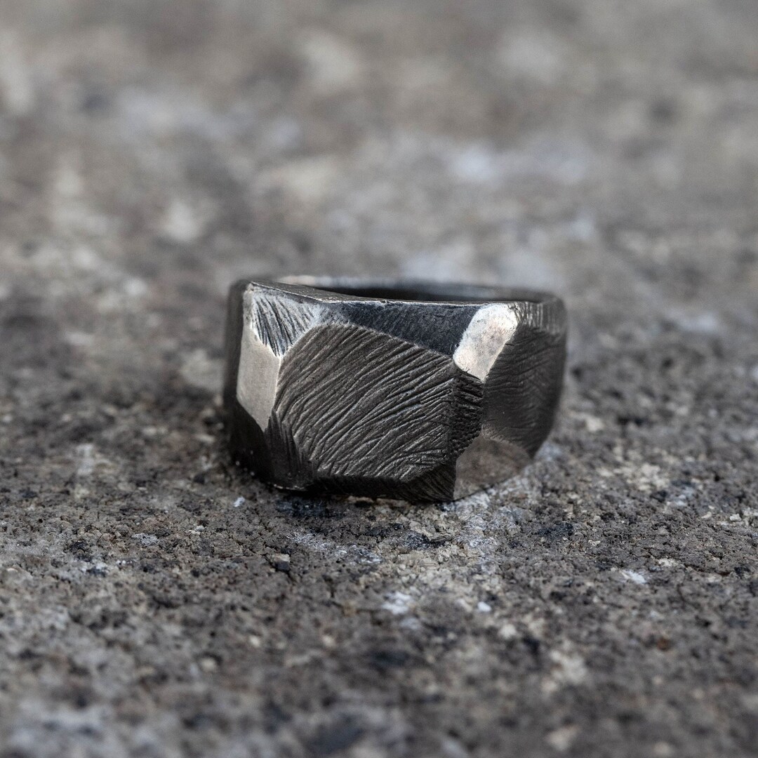 Brutalist Men Ring Black Silver Oxidized Wide Flat Top Statement Mob ...